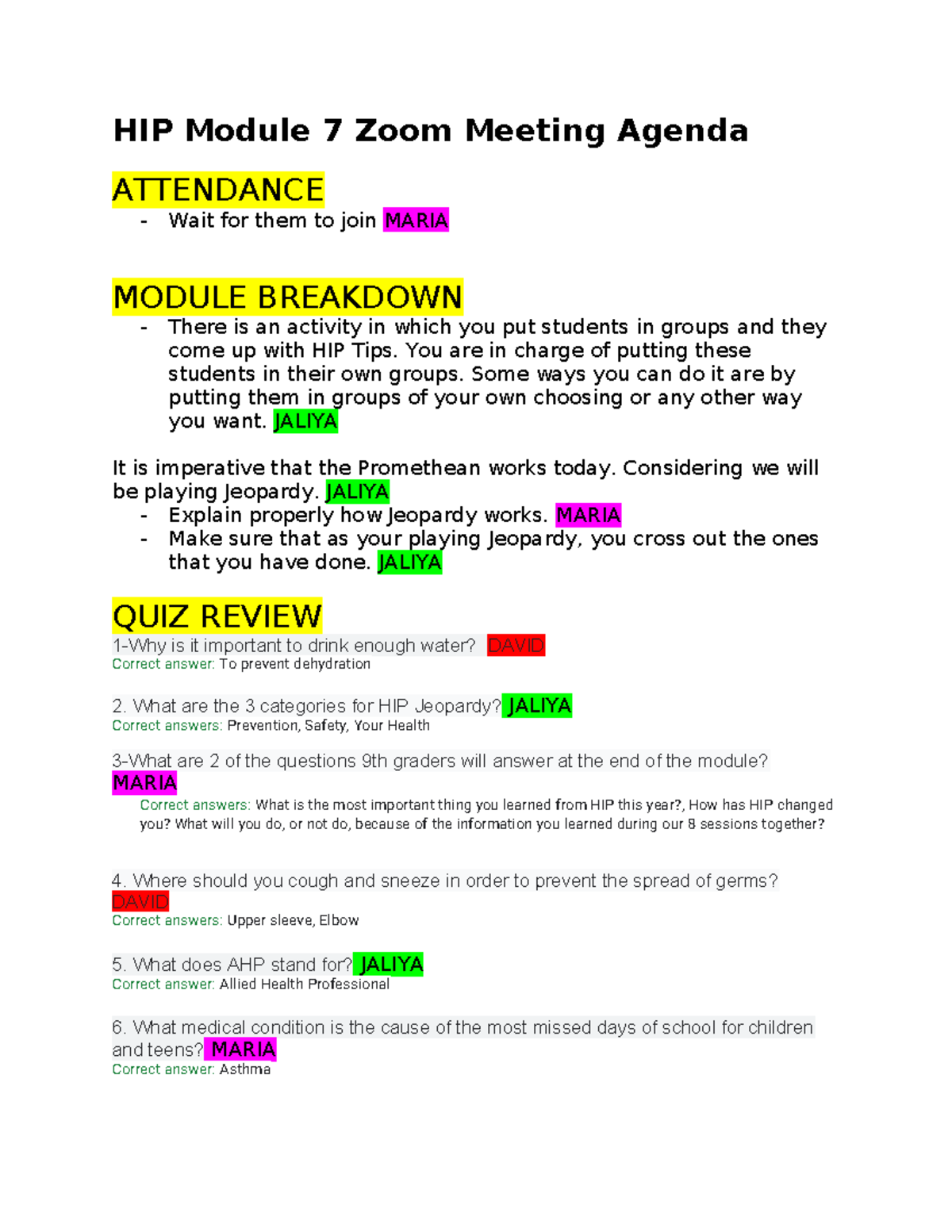 HIP Module 7 Zoom Meeting Agenda - HIP Module 7 Zoom Meeting Agenda ...