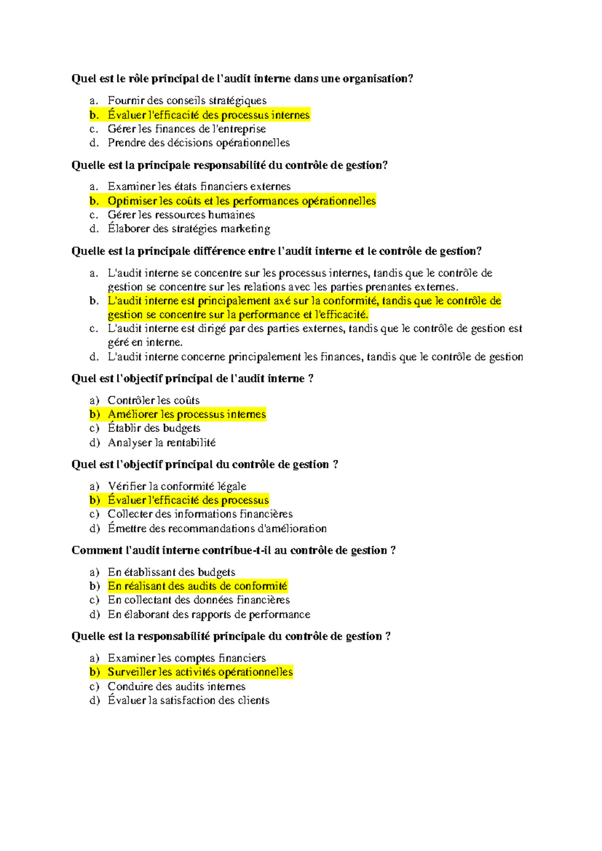 QCM Audit interne et Controle de gestion - Quel est le rôle principal ...