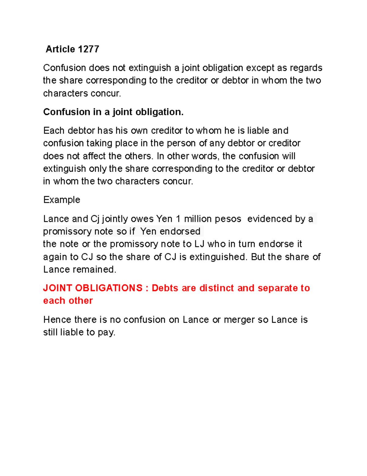 Article 1277 - Business Law - Article 1277 Confusion does not ...