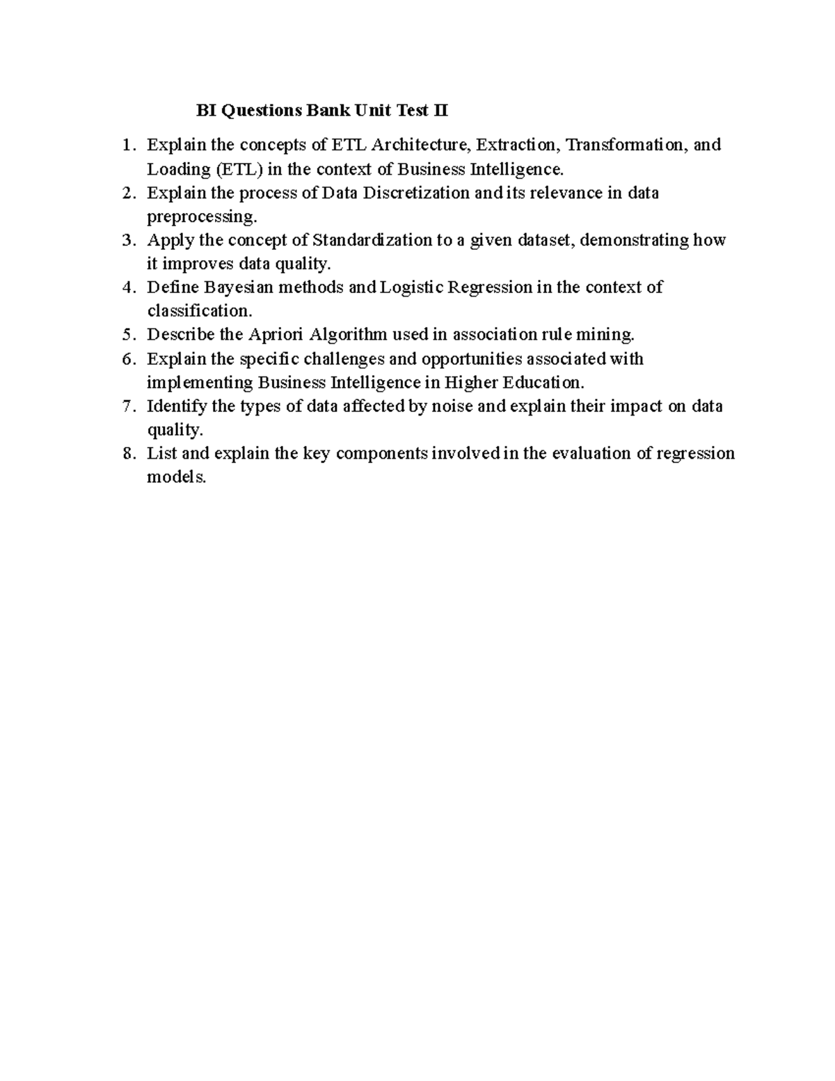 BI QB Unit test 2 - BI Questions Bank Unit Test II Explain the concepts ...