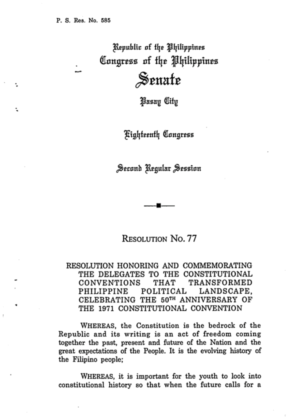 Resno 77 - P. S. Res. No. 585 ^public of fljE pi|tItpptnE €nttgrp22 nf ...