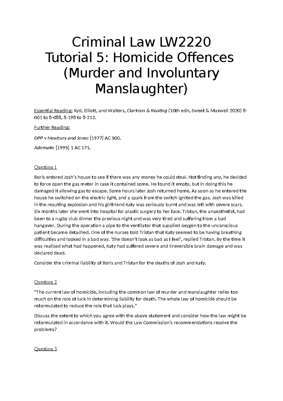 Tutorial 5 - Criminal Law LW Tutorial 5: Homicide Offences (Murder and ...