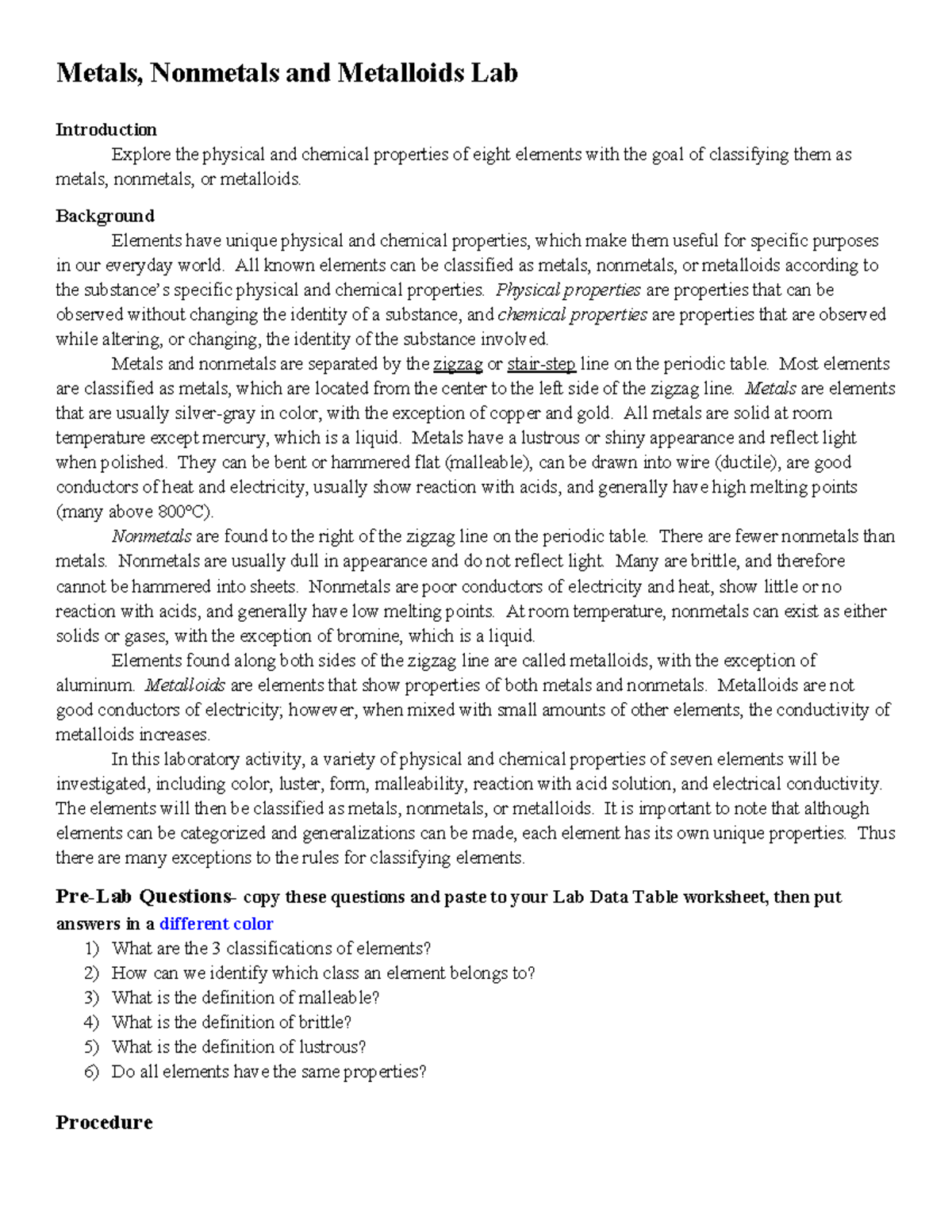 Metals, Nonmetals, and Metalloids - Background Elements have unique ...