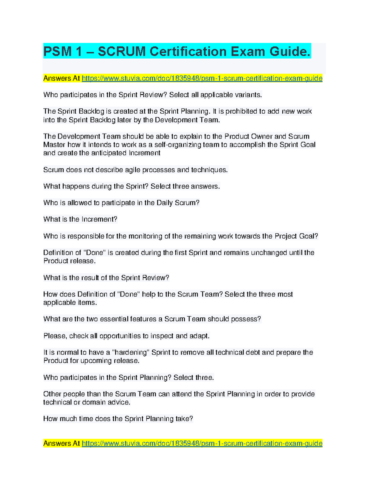 PSM 1 – Scrum Certification Exam Guide - PSM 1 – SCRUM Certification Exam Guide. Answers At ...