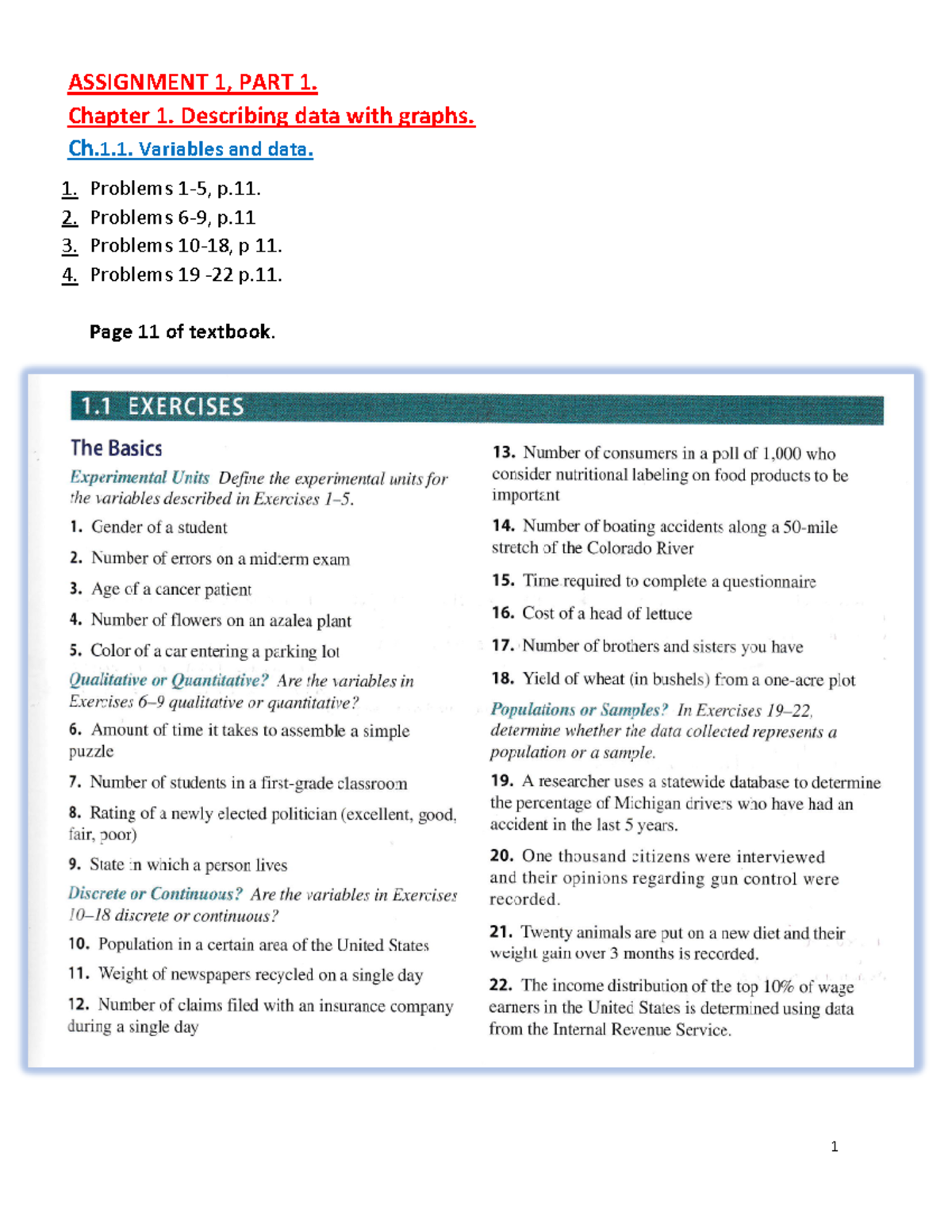 Assignment 1(Ch.1, 2) - ASSIGNMENT 1, PART 1. Chapter 1. Describing ...