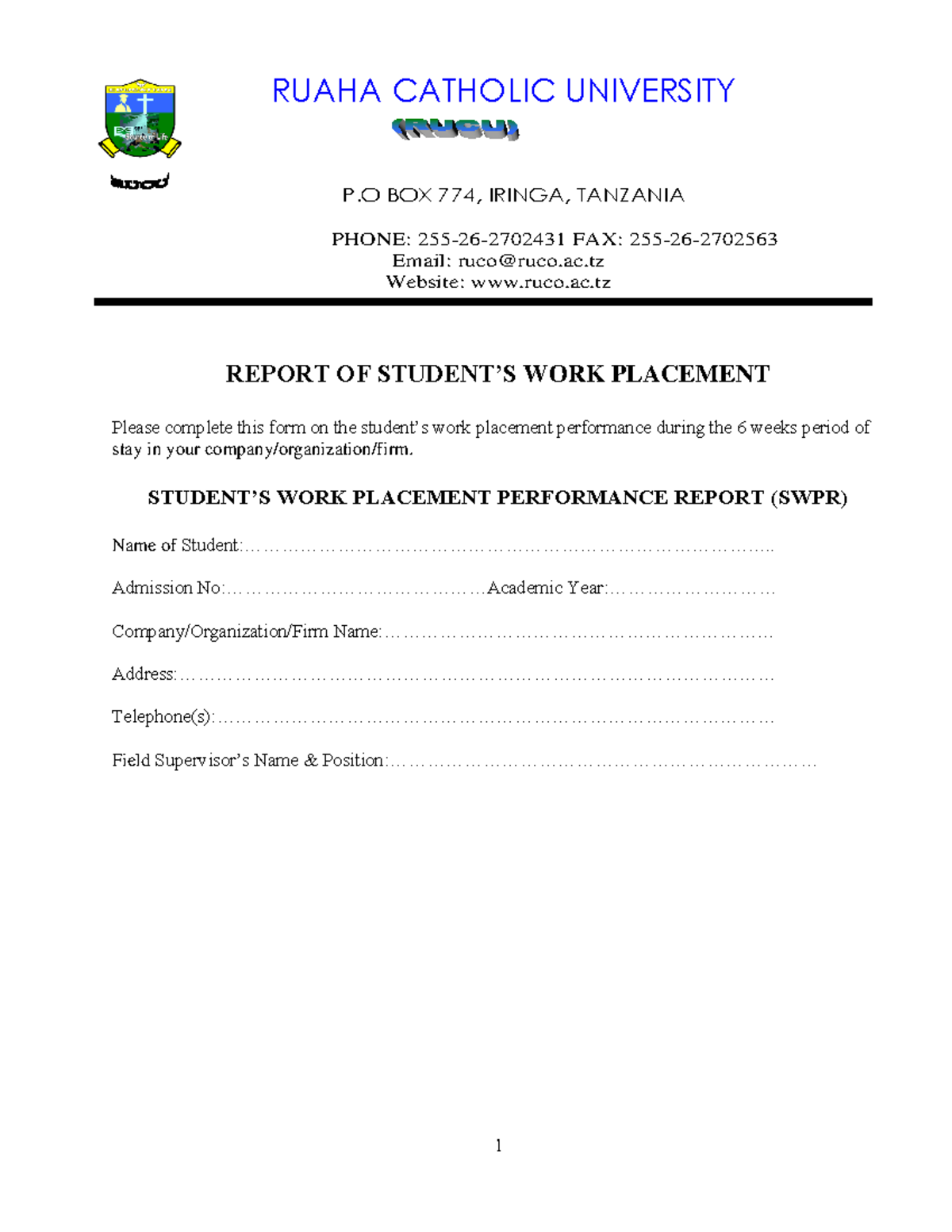 Field LOG BOOK (FBMS) - RUAHA CATHOLIC UNIVERSITY P BOX 774, IRINGA ...