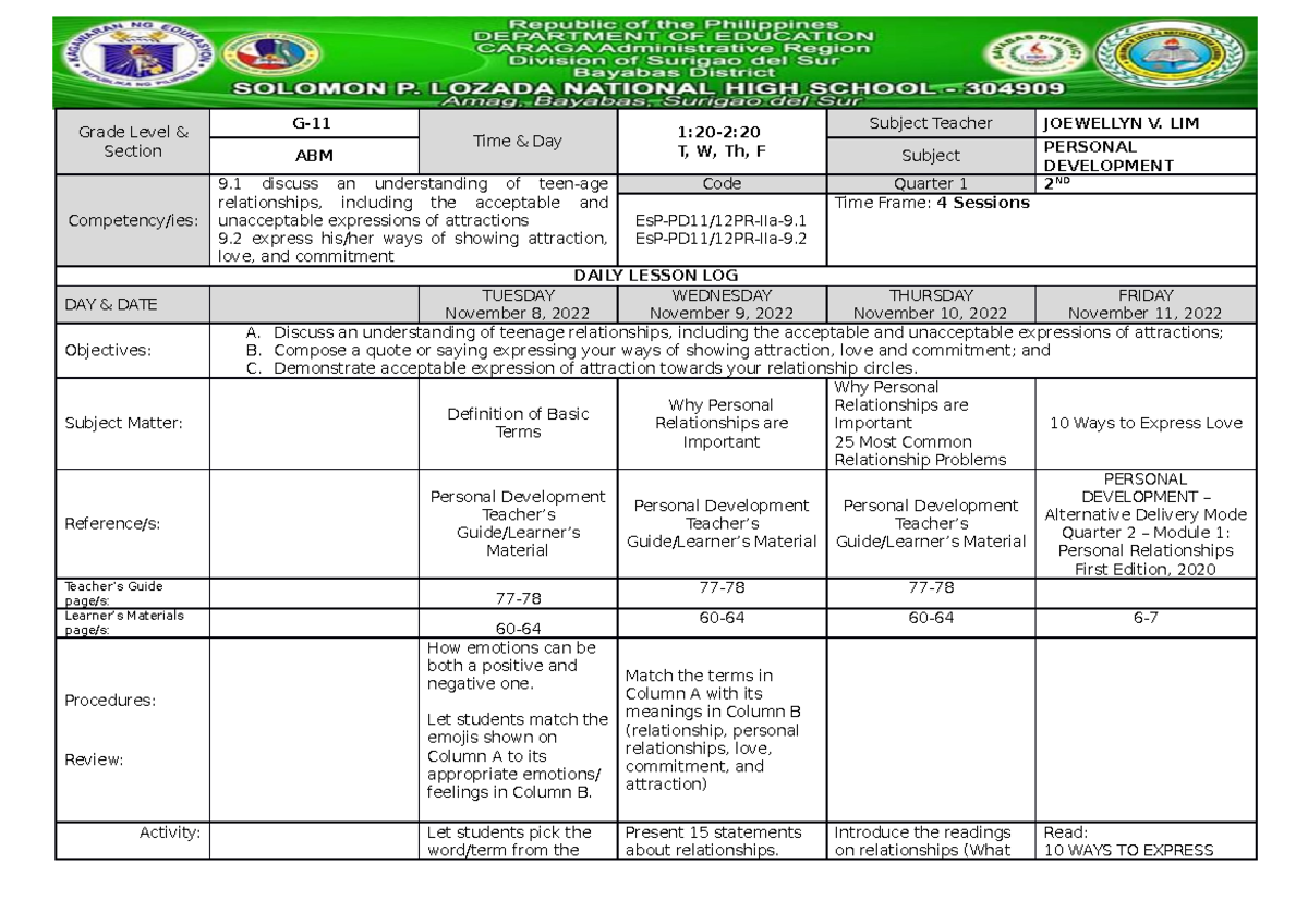 DLL Perdev W1 Q2 - LESSON PLAN - Grade Level & Section G- Time & Day 1: ...