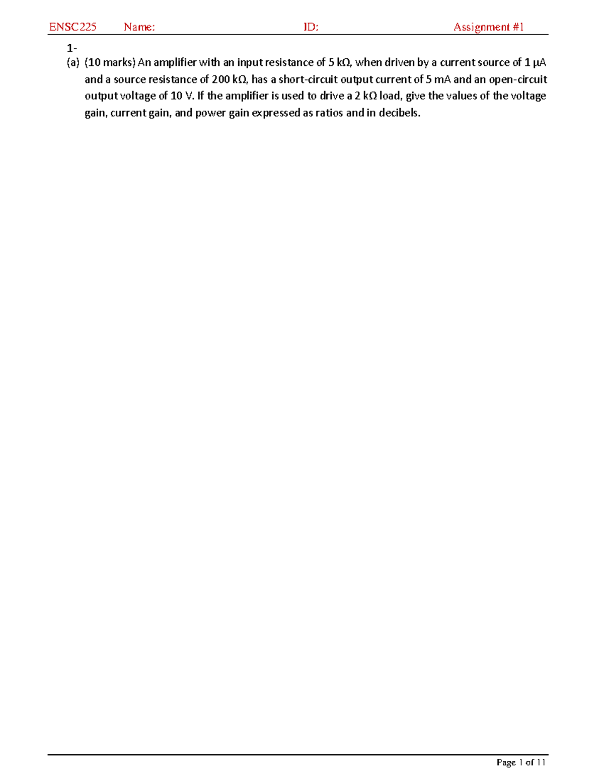 ENSC225 Assignment#1 (Solutions) - 1 - (a) (10 marks) An amplifier with ...