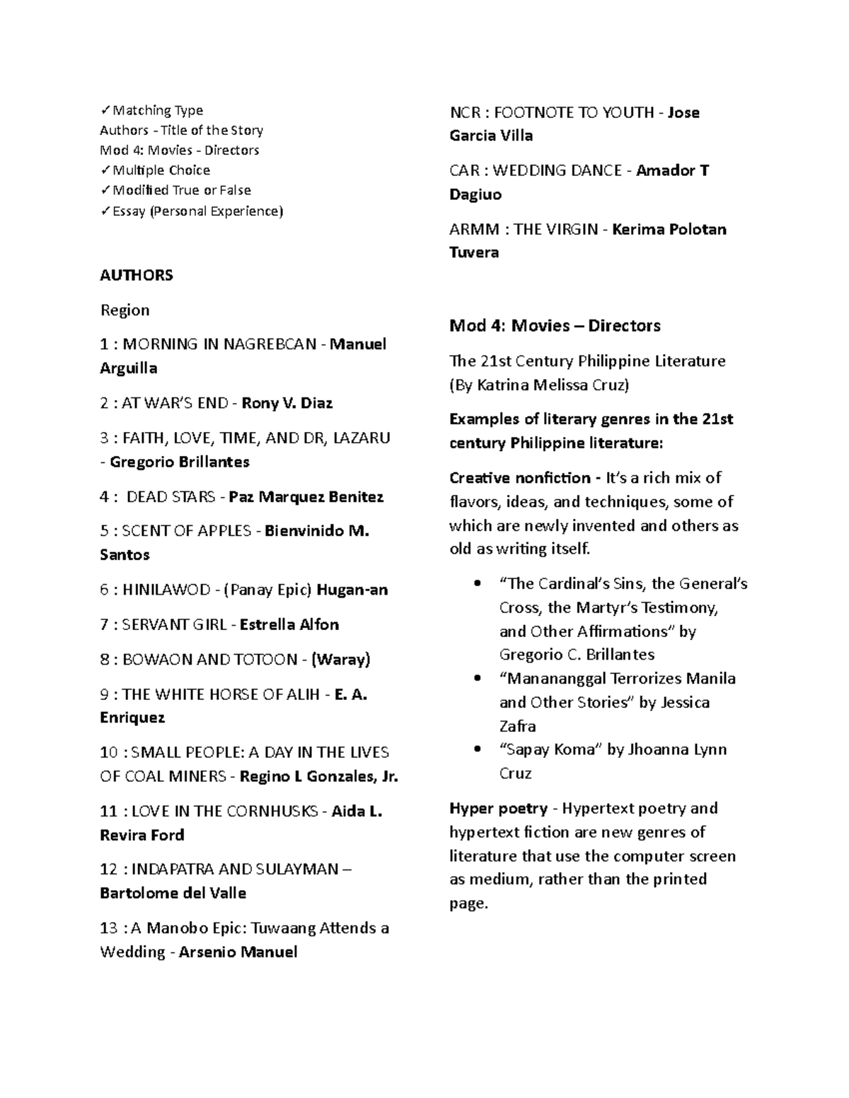 Philit-Endterm-Summary - Matching Type Authors - Title of the Story Mod ...