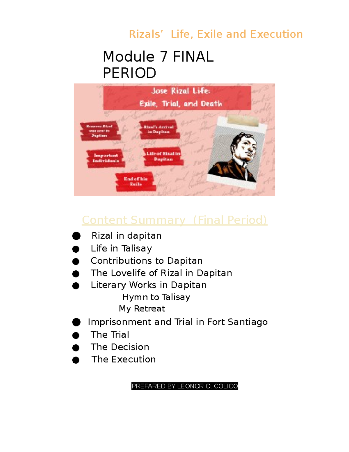 Module 7- Final Life of Rizal - ####### Rizals’ Life, Exile and ...