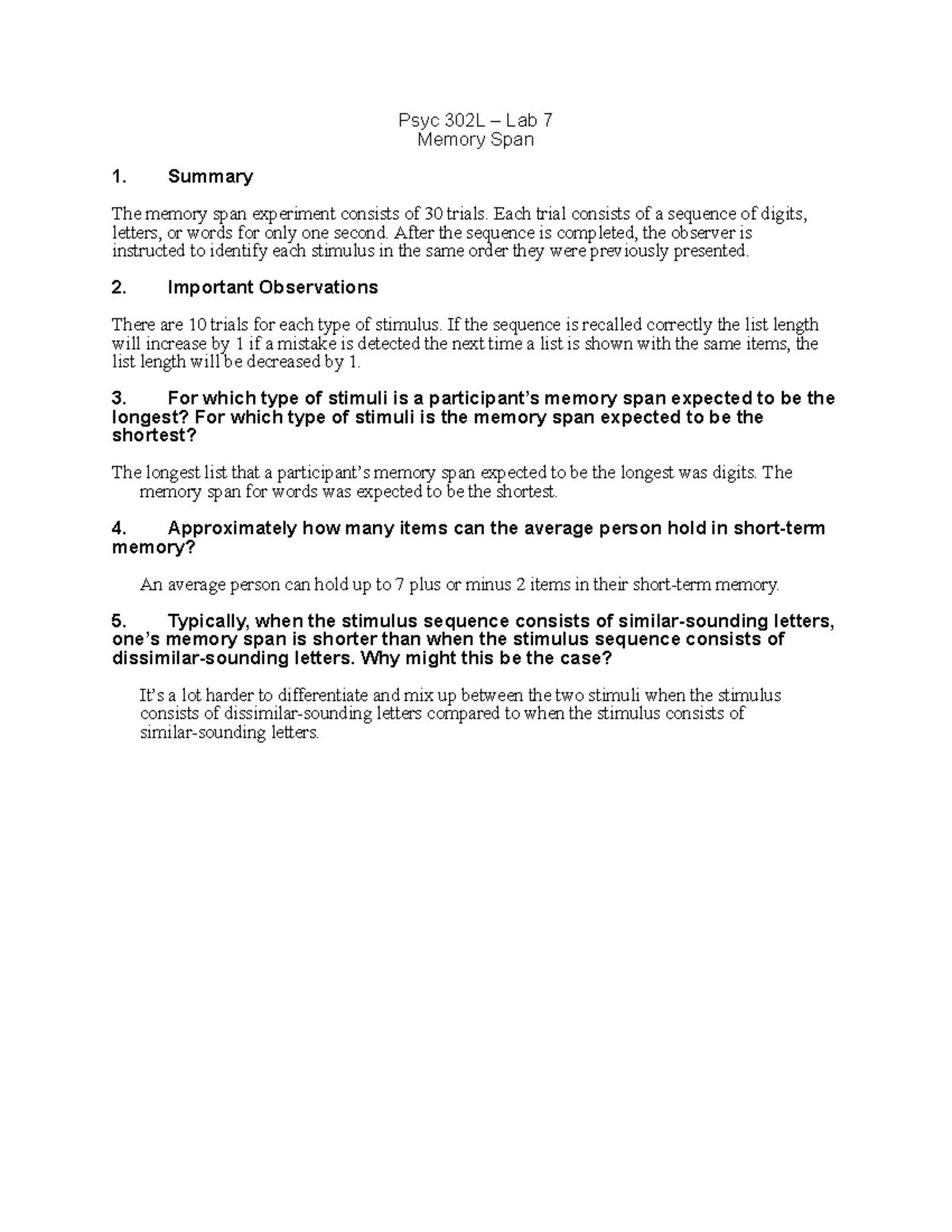 Psyc 302l Lab 7 Hw From 302l Psyc 302l Lab 7 Memory Span Summary The Memory Span