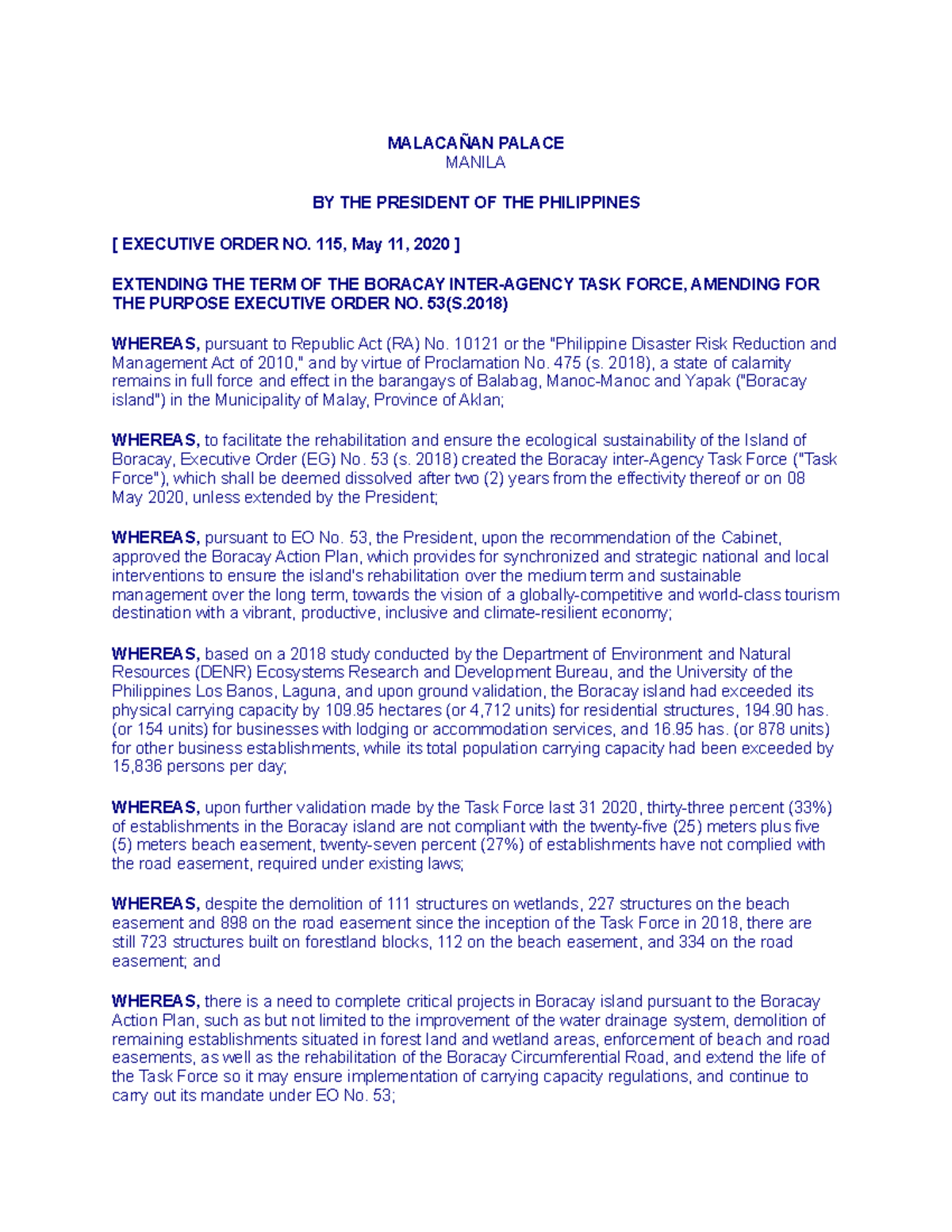 Executive Order NO. 116, July 24, 2020 - MALACAÑAN PALACE MANILA BY THE ...