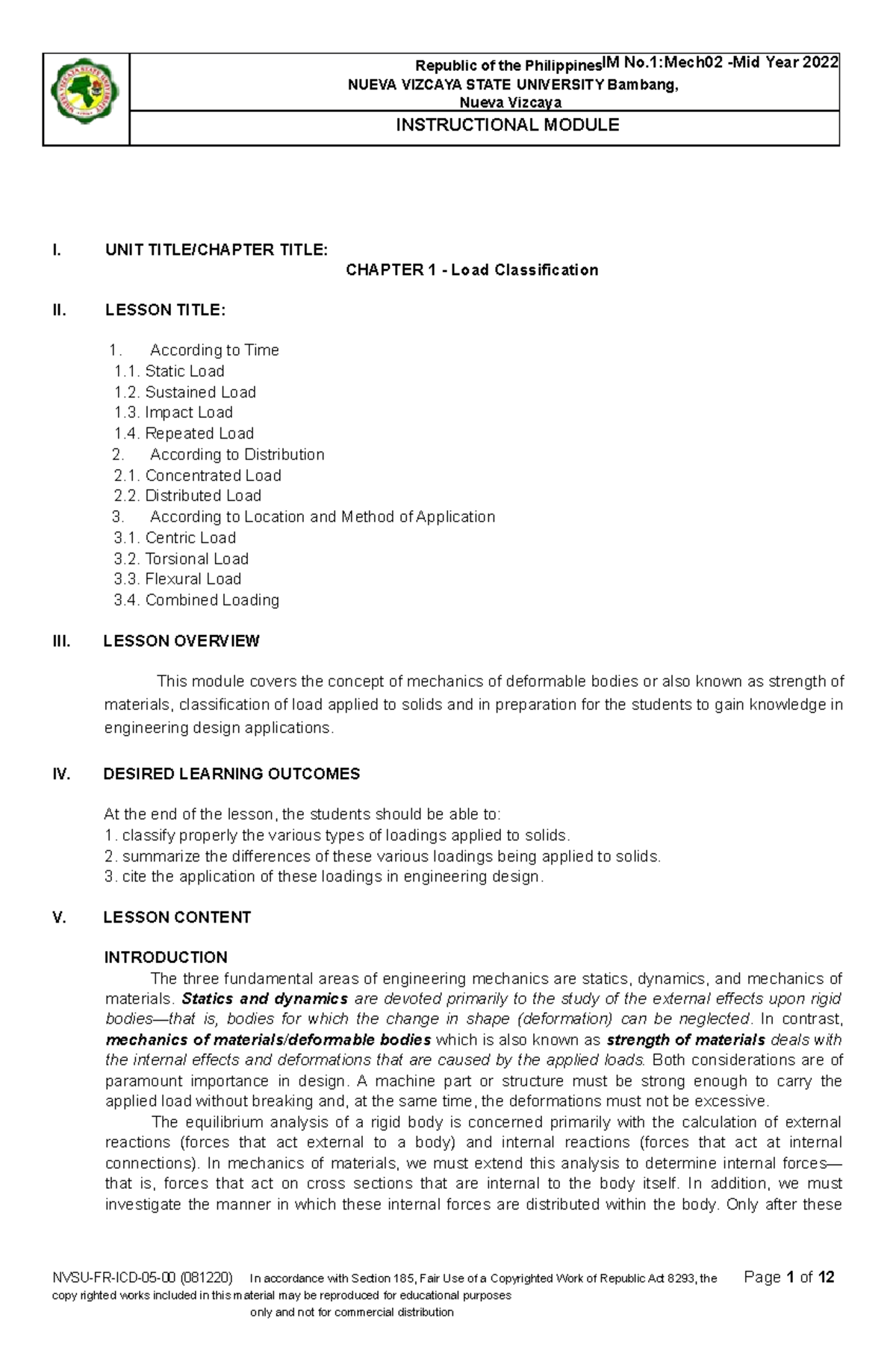 IM1 MECH 02 Day1Load Classification - I. UNIT TITLE/CHAPTER TITLE ...