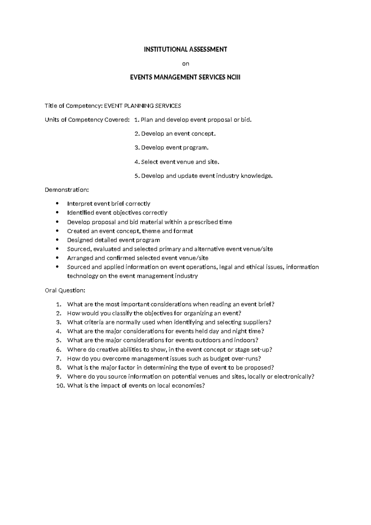 Institutional Assessment events management services nc3 - INSTITUTIONAL ...