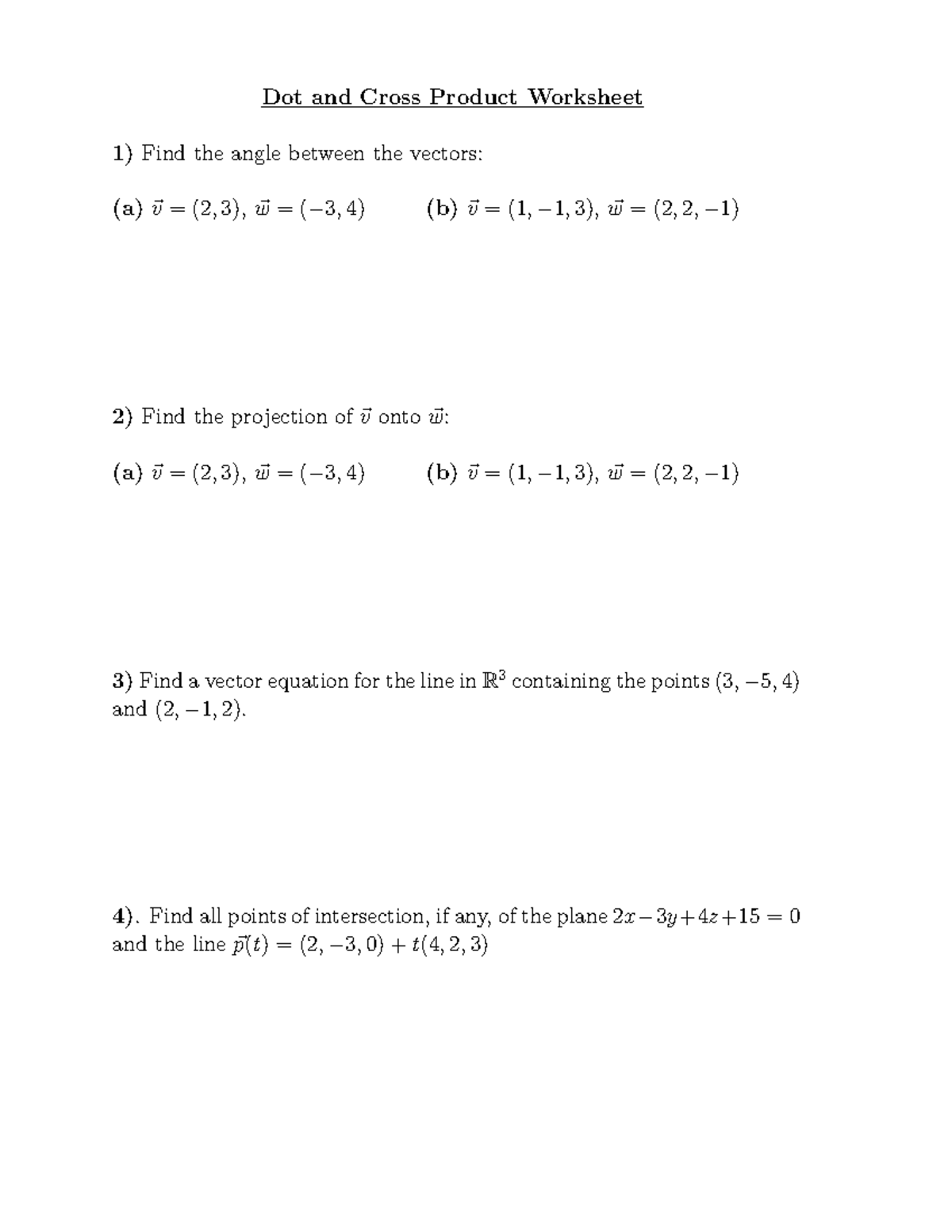 Dot And Cross Product Worksheet 4 Find All Points Of Intersection 