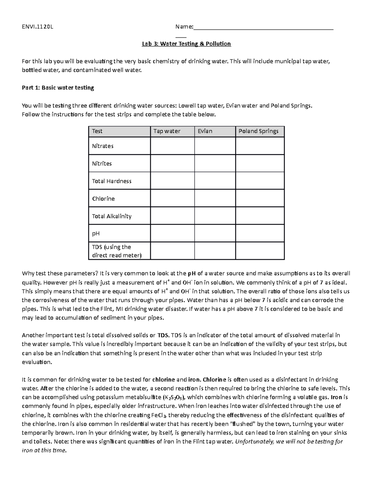 Lab 3 Water testing - lab - ENVI Name ...