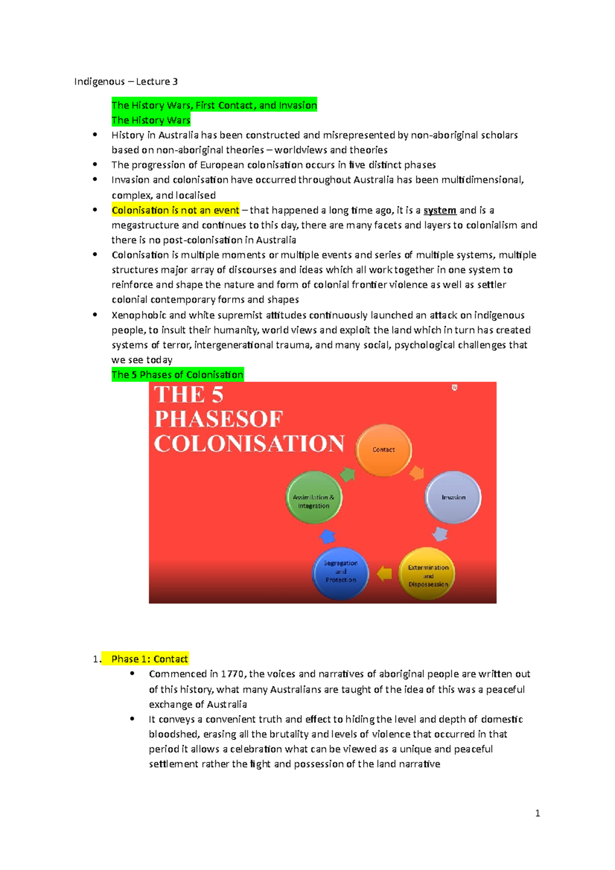Lecture Week 3 - Indigenous – Lecture 3 The History Wars, First Contact ...