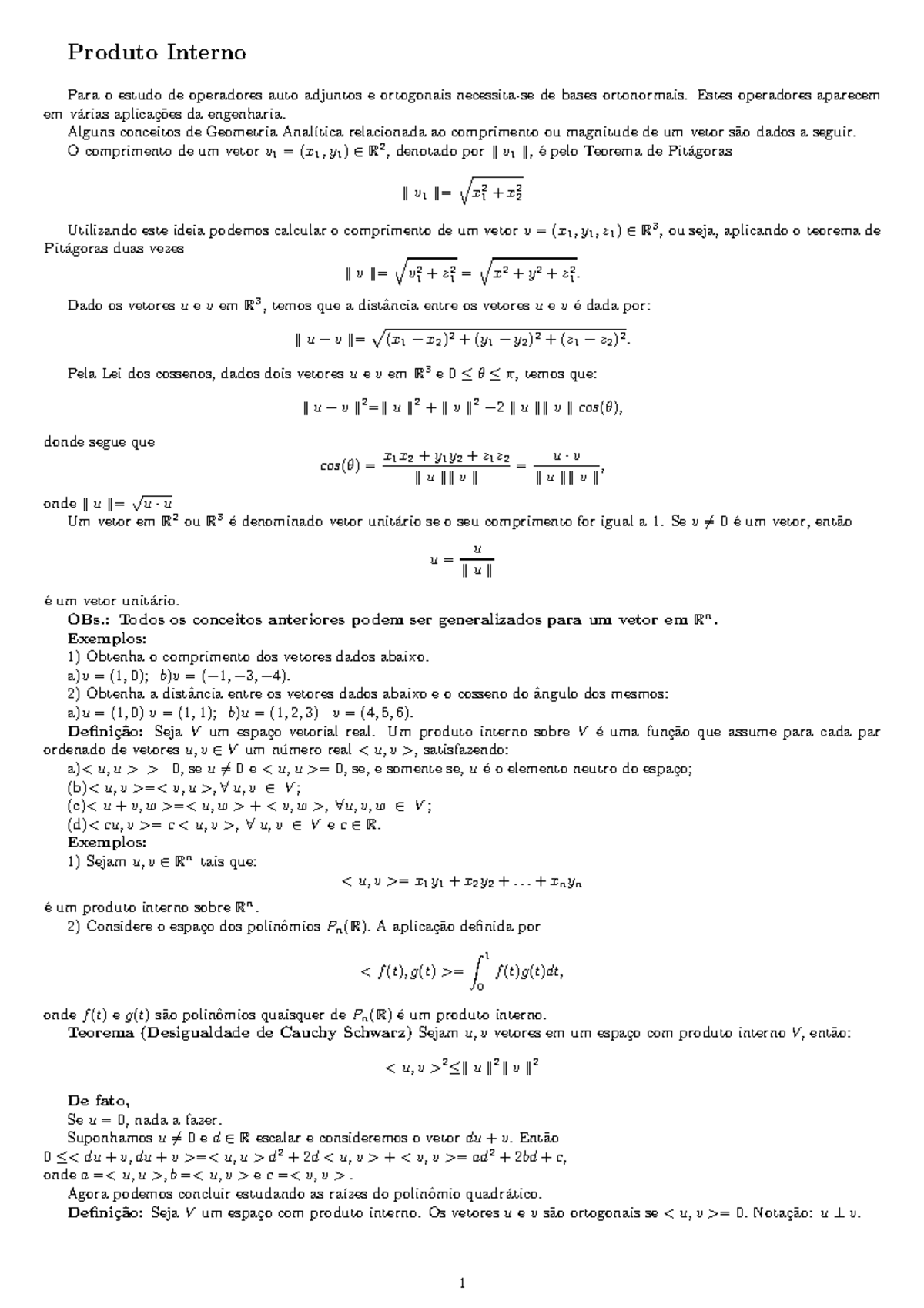 Produto Interno - Resumo Álgebra Linear - Produto Interno Para o estudo ...