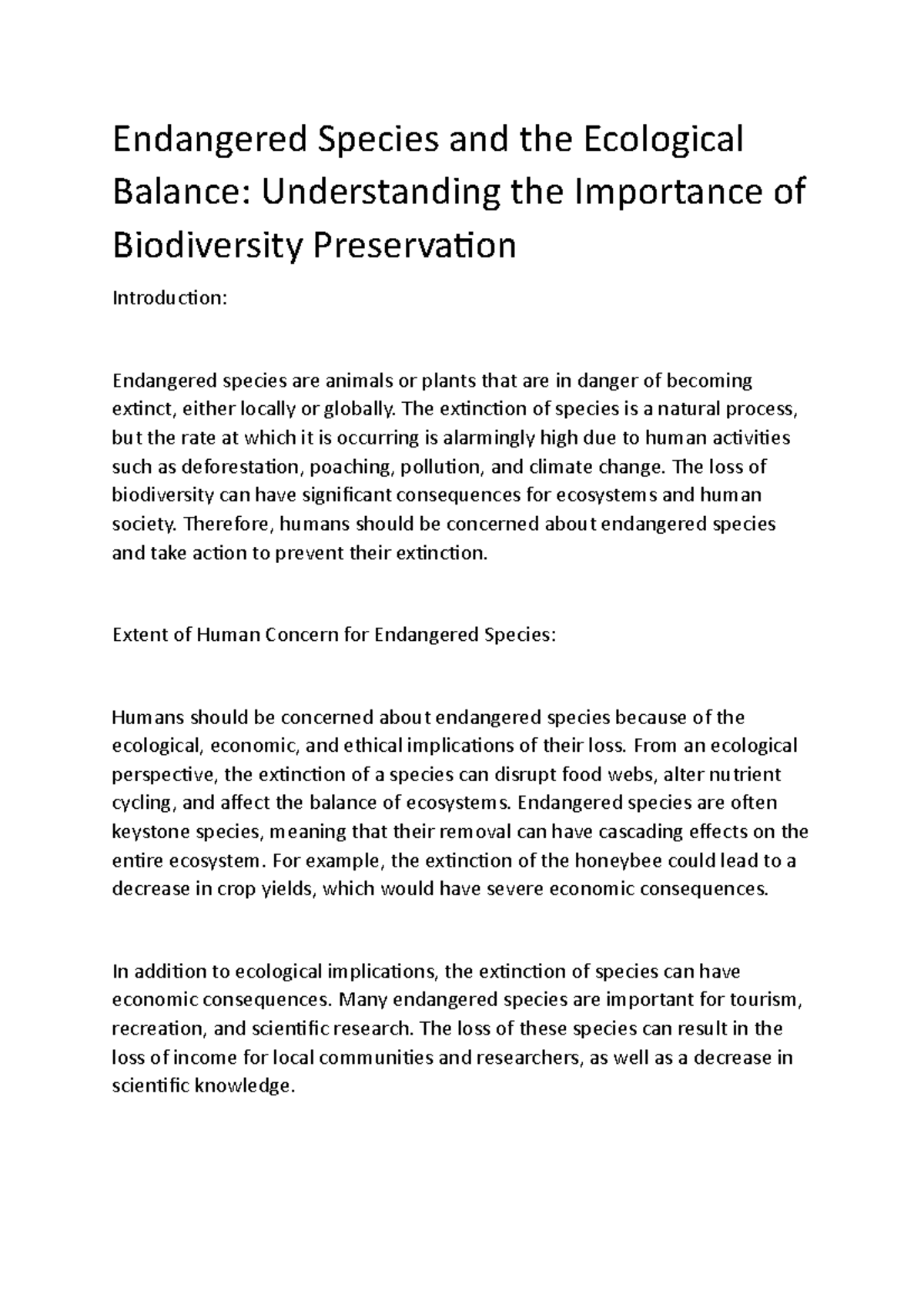 Endangered Species and the Ecological Balance, Understanding the ...