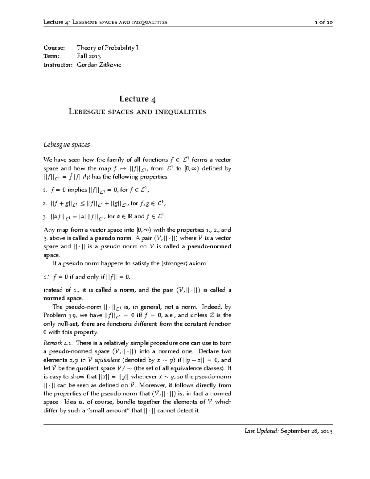 4 - Chapter 4 - Course: Theory of Probability I Term: Fall 2013 ...