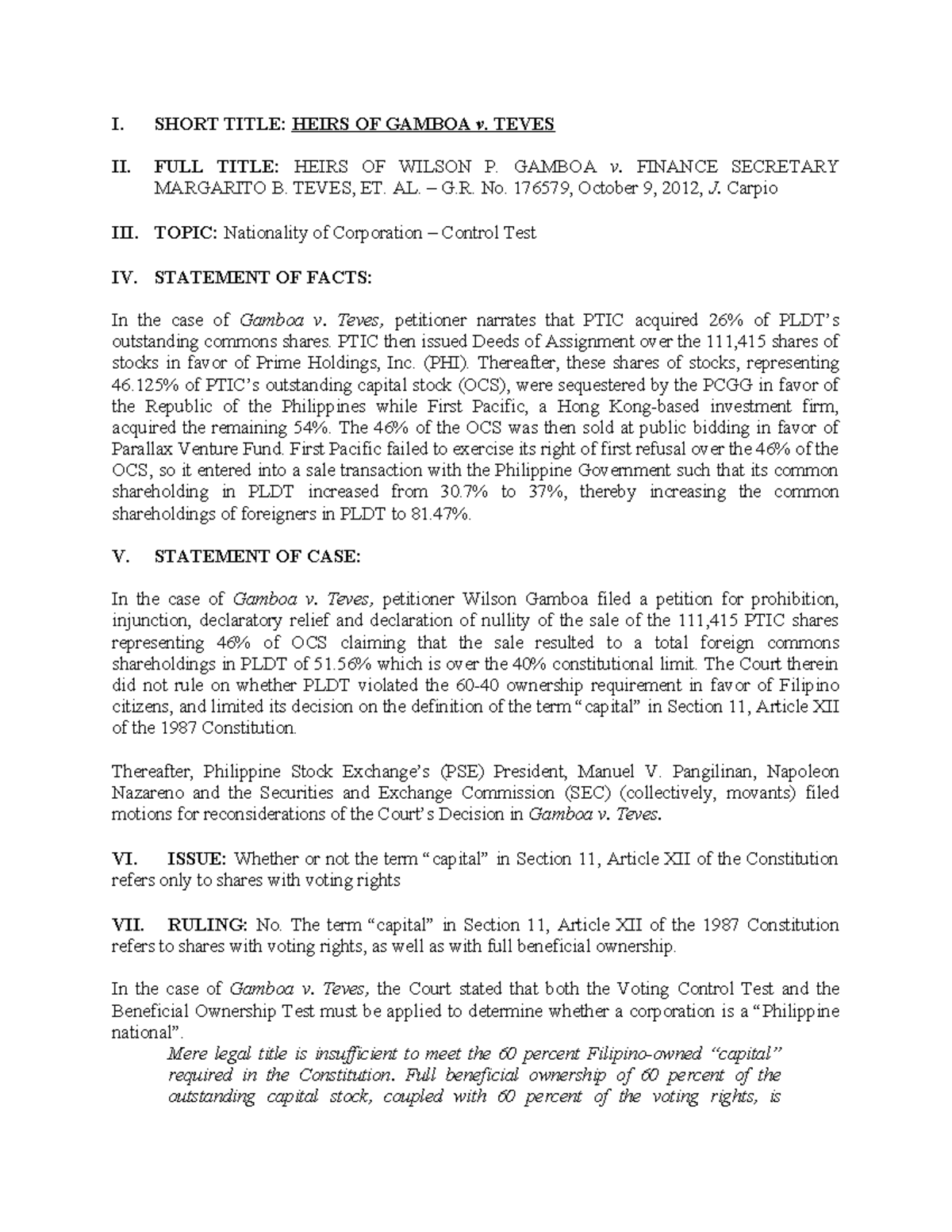 digisto of the ksv - I. SHORT TITLE: HEIRS OF GAMBOA v. TEVES II. FULL ...