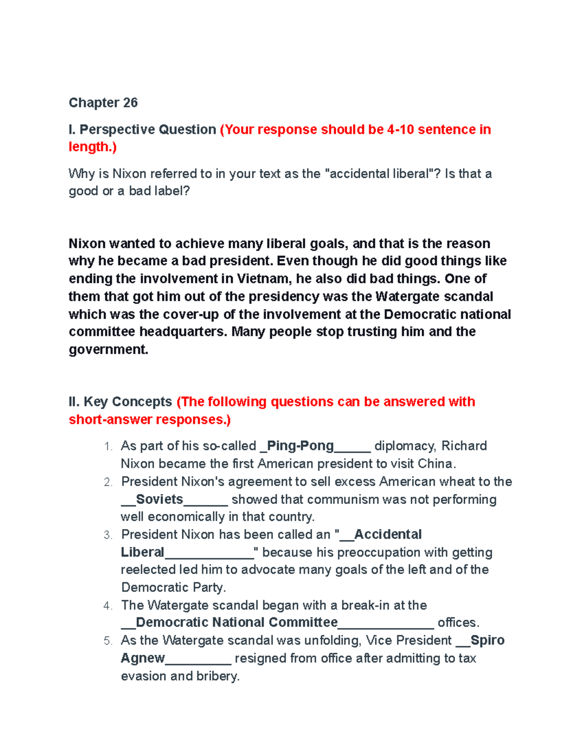 History - Chapter 26 I. Perspective Question (Your response should be 4 ...