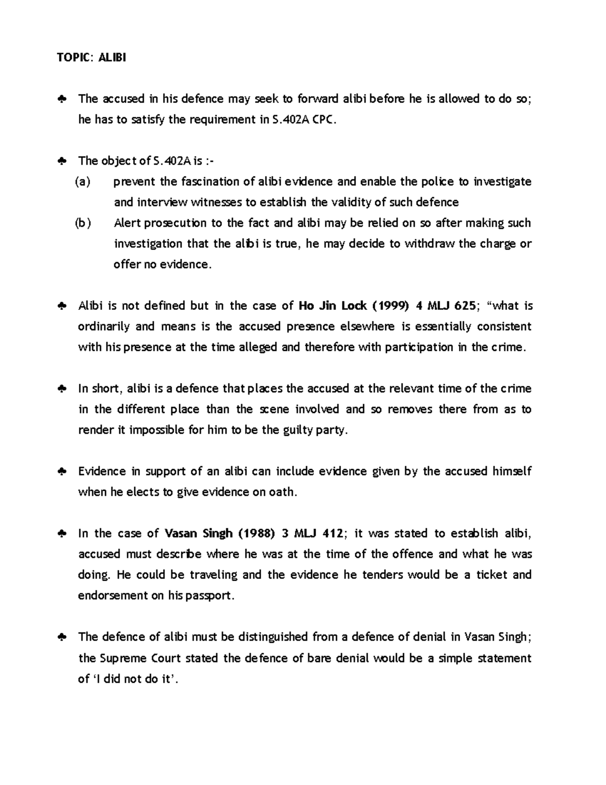 1. Alibi - criminal procedure notes - TOPIC: ALIBI The accused in his ...