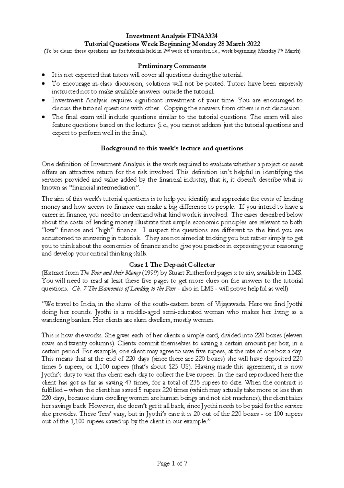 Tutorial Questions 1 - tuto ques - Investment Analysis FINA Tutorial ...
