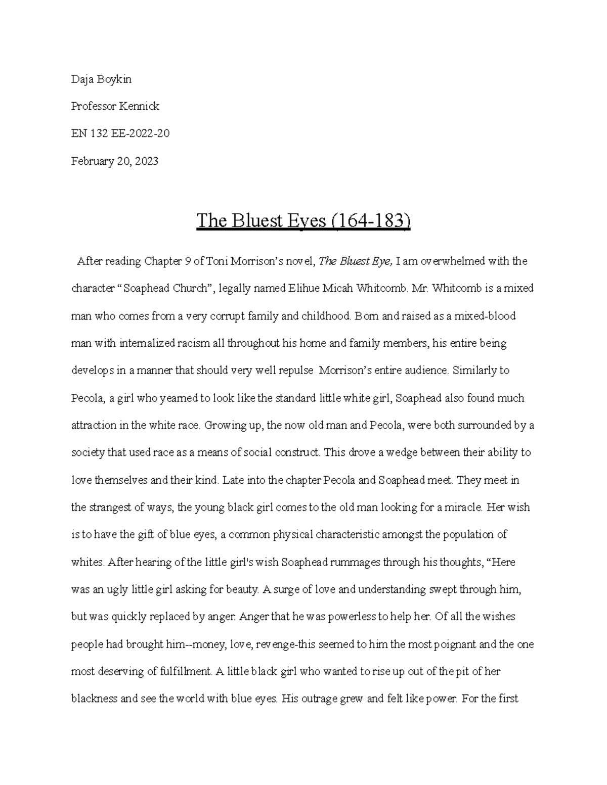 Bluest Eyes 164-183 - Chapter 9 Summary - Daja Boykin Professor Kennick ...