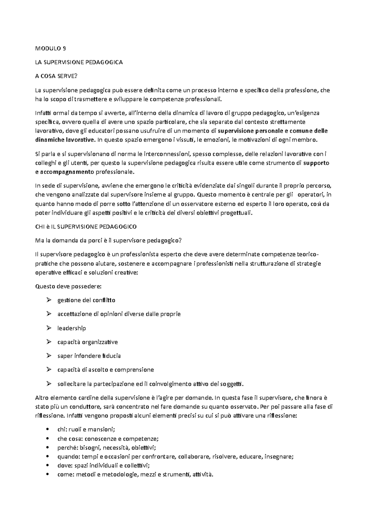 Modulo 9: la supervisione pedagogica - MODULO 9 LA SUPERVISIONE ...