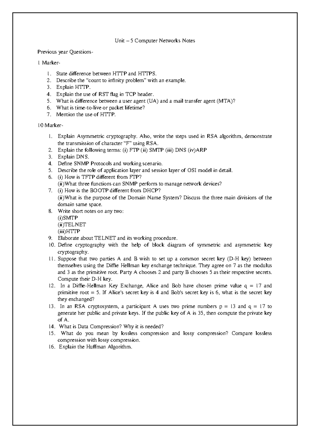 CN 5 prev - Unit – 5 Computer Networks Notes Previous year Questions- 1 ...