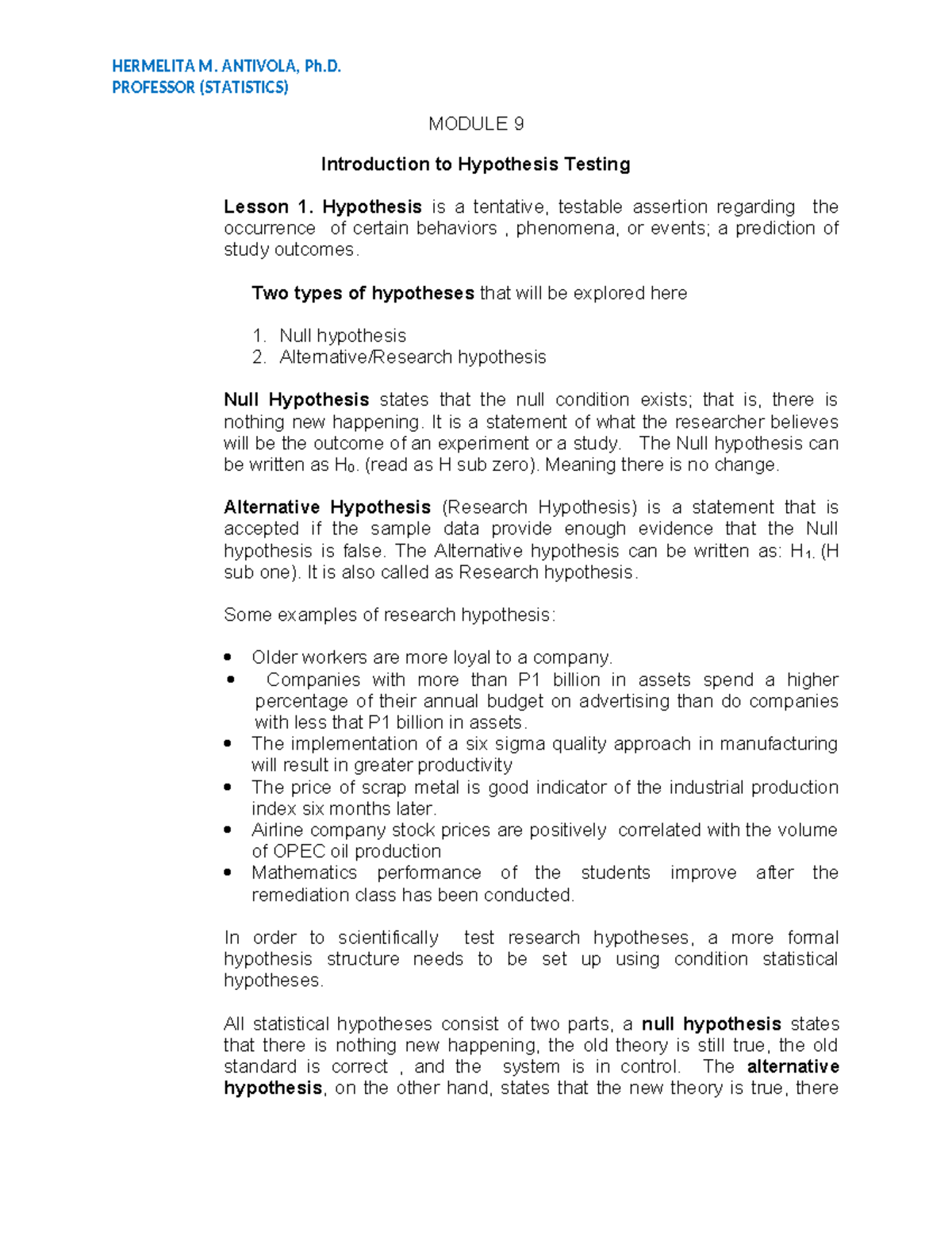 Module 9- Hypothesis- Testing - PROFESSOR (STATISTICS) MODULE 9 ...