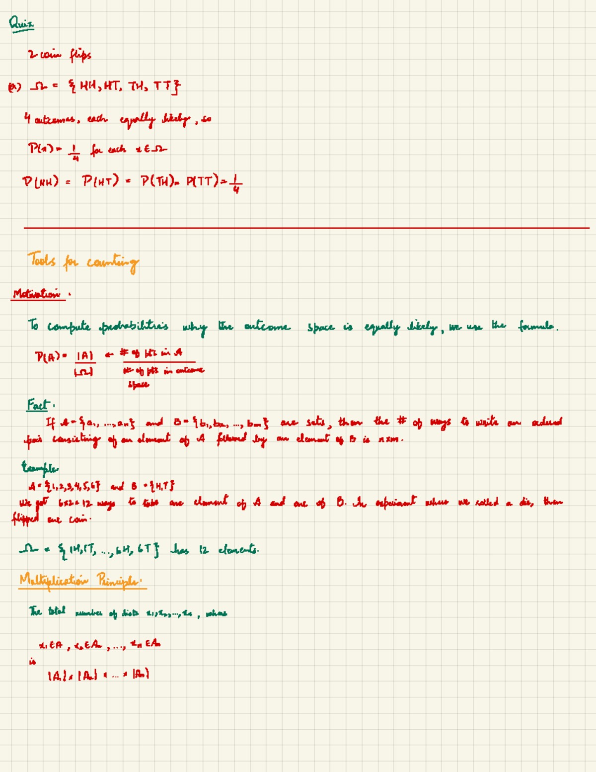 Multiplication principle - Quiz - 2 coin flips (a) = 5 HH, HT, TH, T T ...