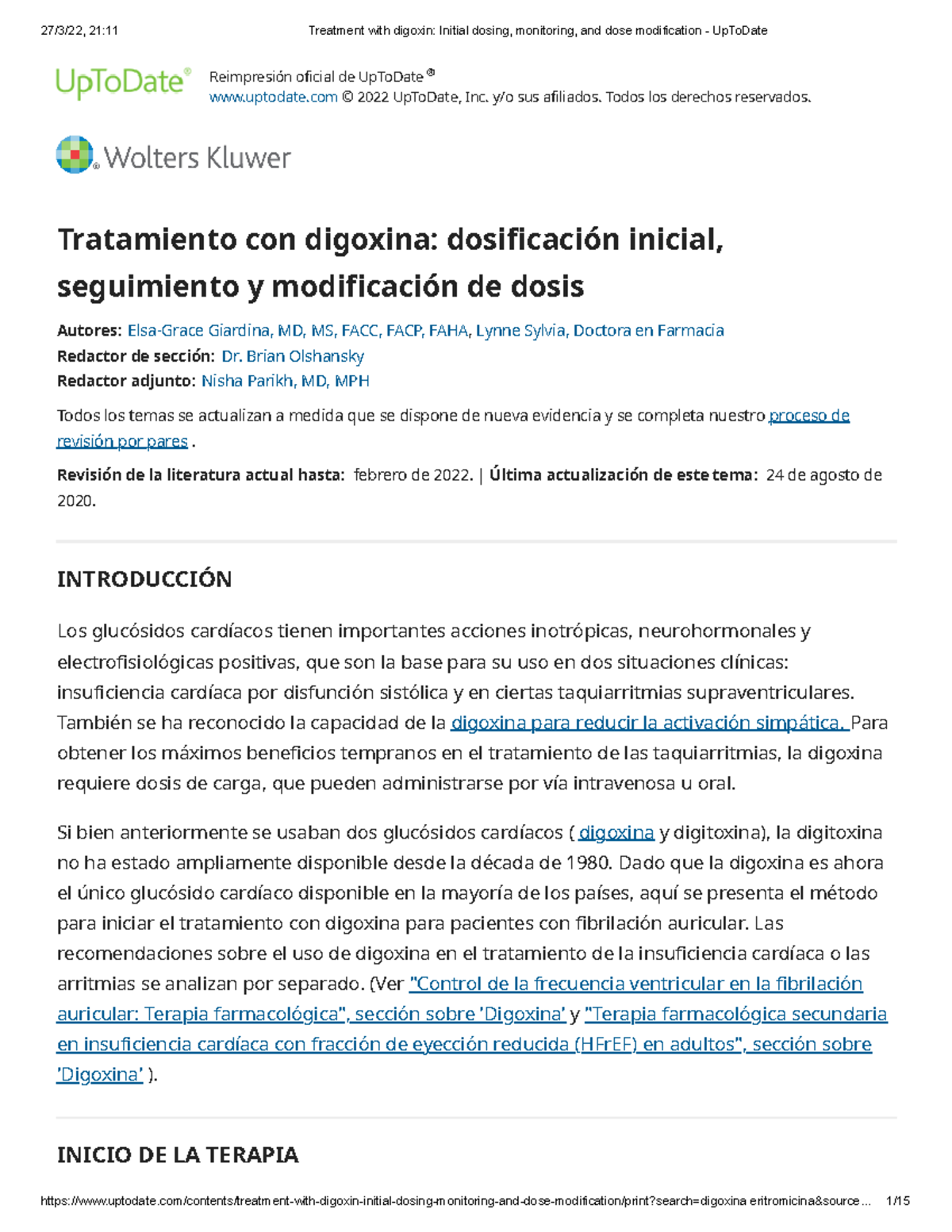 Treatment with digoxin Initial dosing, monitoring, and dose ...