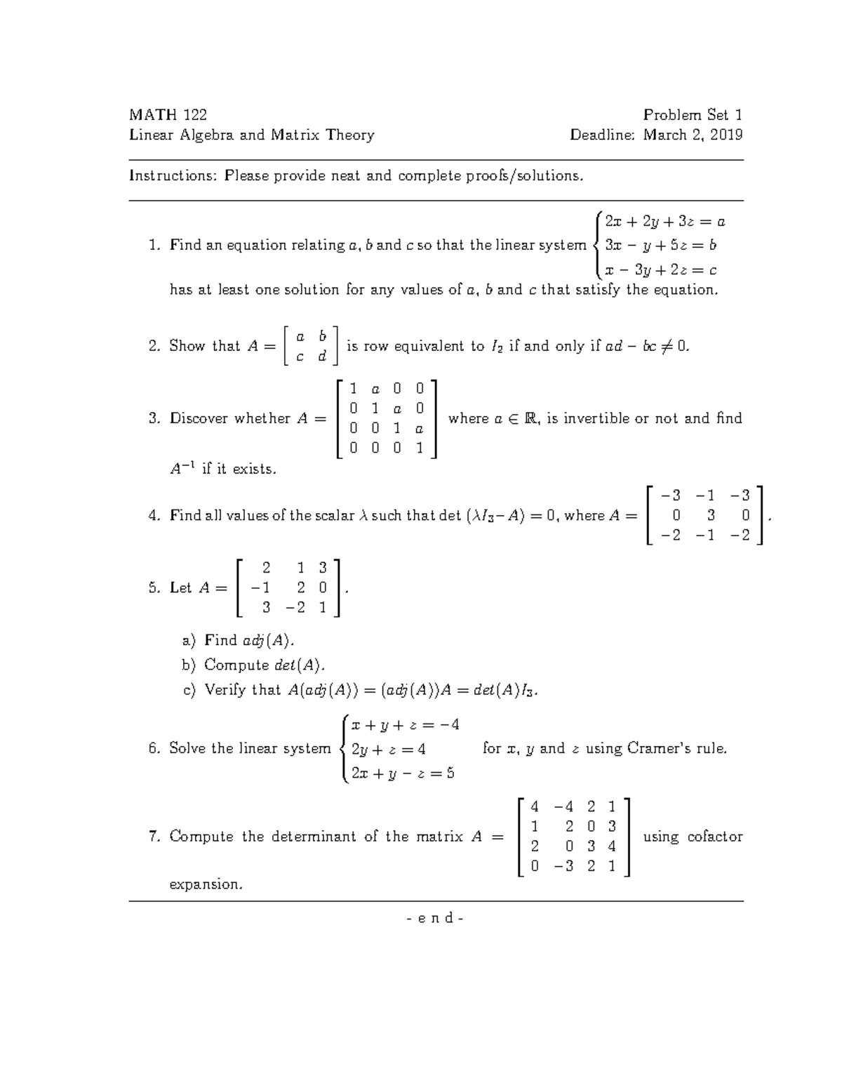 Problem Set No. 1 for Math 122 - MATH 122 Problem Set 1 Linear Algebra ...