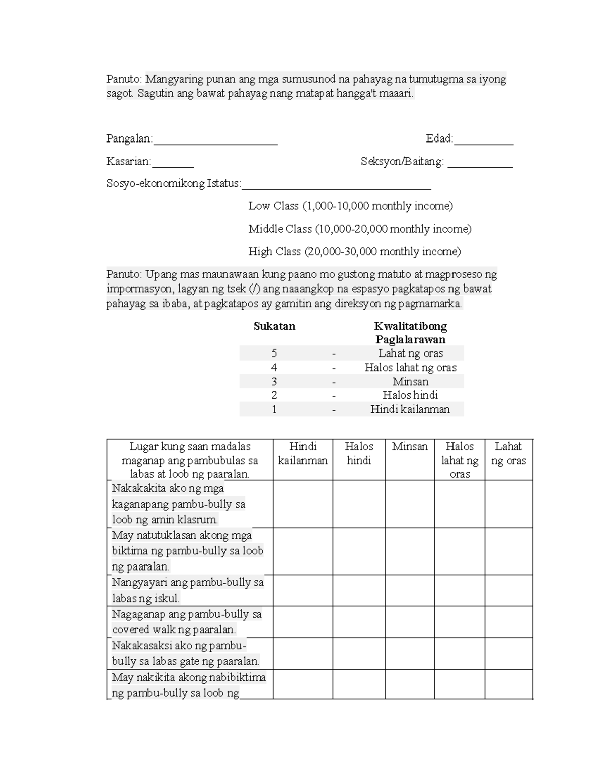 Questionnaire Final - it is a basis for research questions - Panuto ...