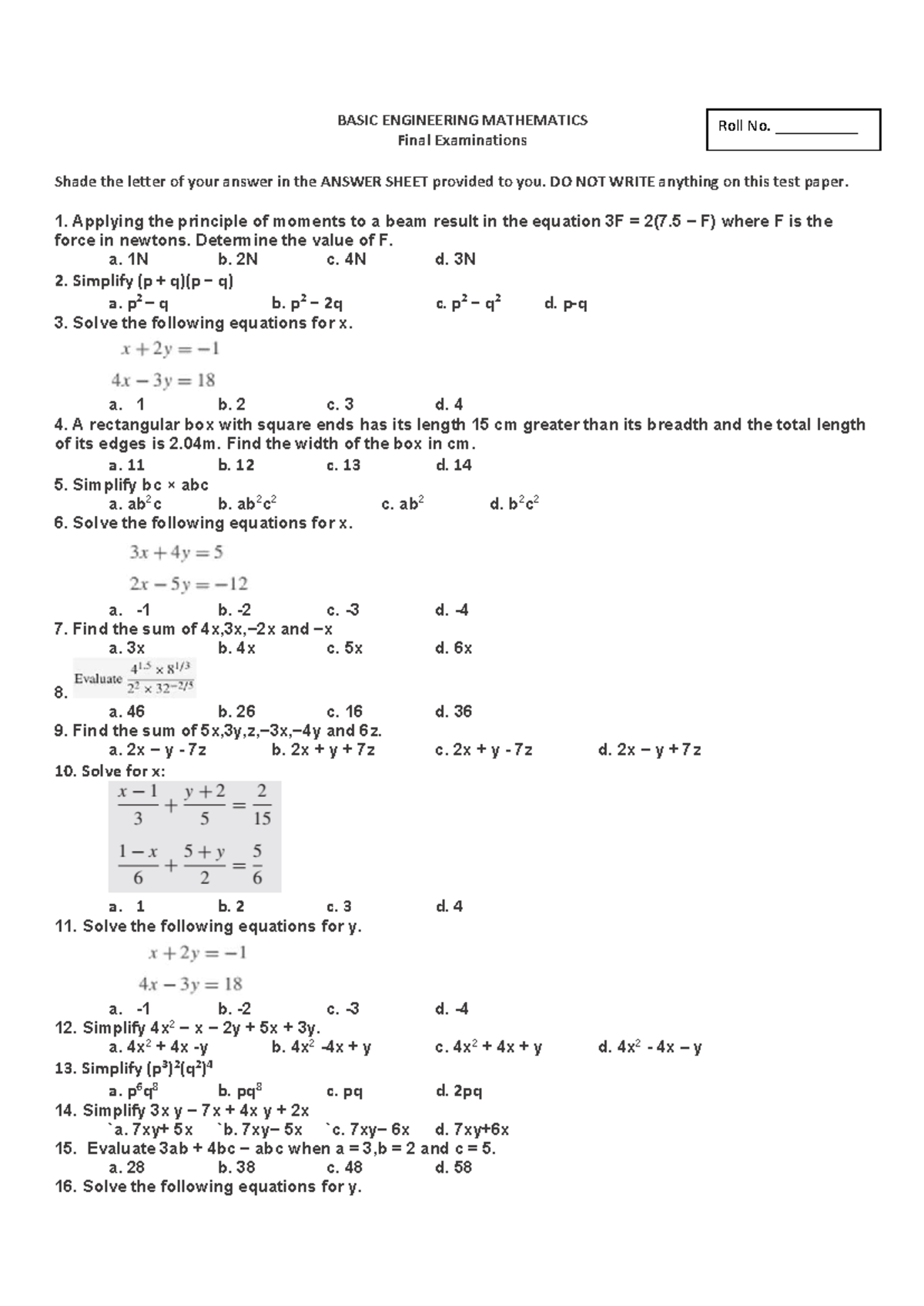 Basic Engineering Mathematics Final 2023 - BASIC ENGINEERING MATHEMATICS Final Examinations ...