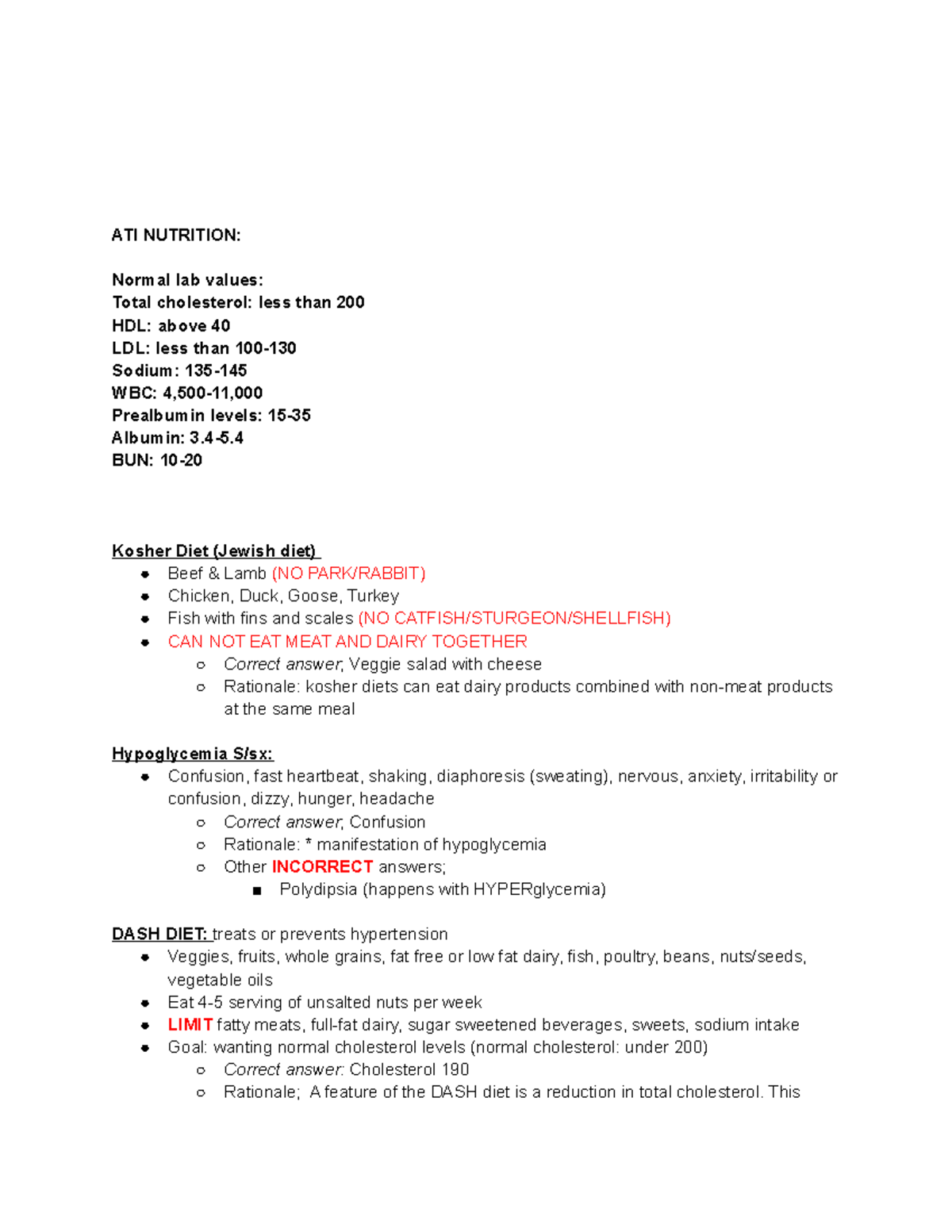 ATI Nutrition - ATI NUTRITION: Normal lab values: Total cholesterol ...