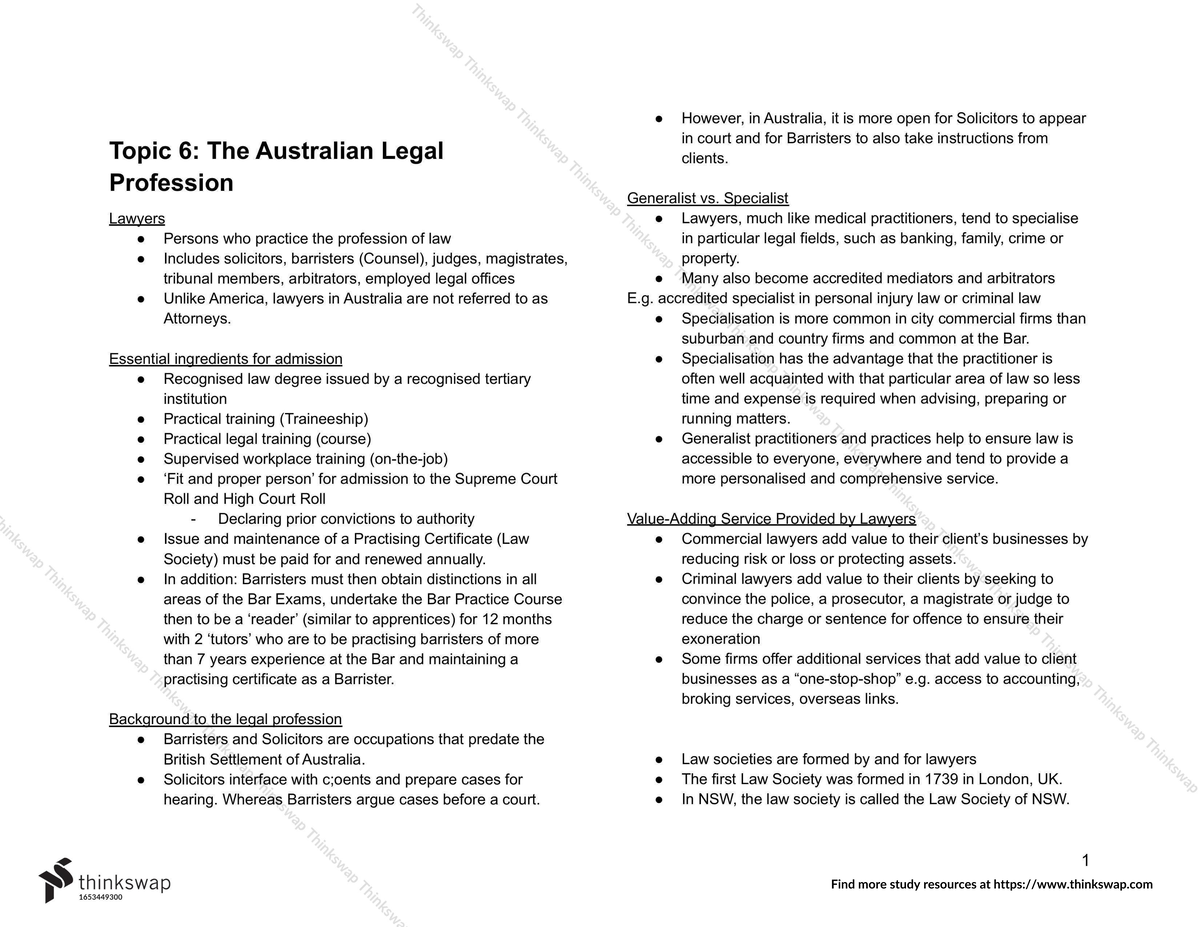 Exam notes- topic 6-11 - Topic 6: The Australian Legal Profession ...