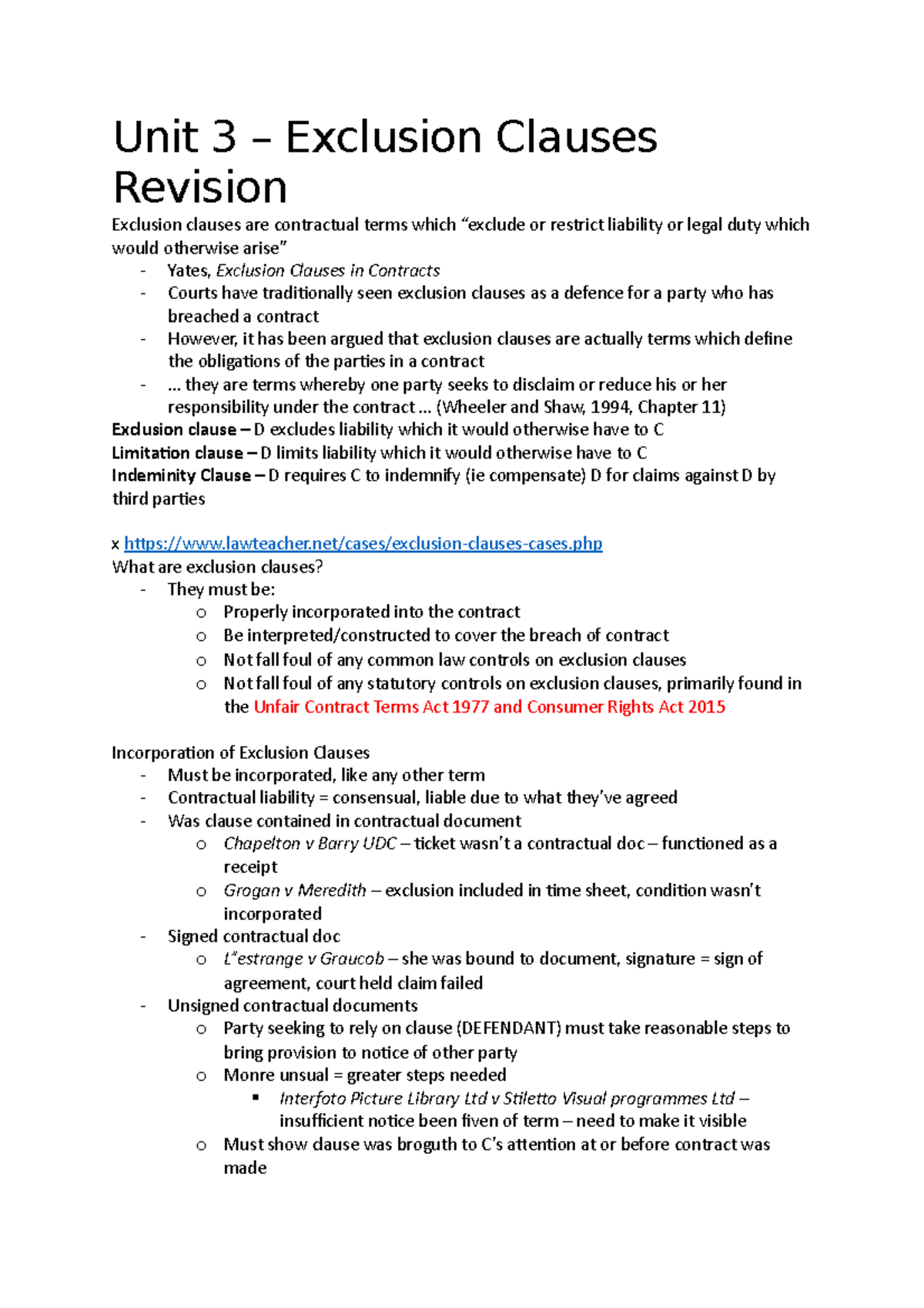 Unit 3 Exclusion Revision - Unit 3 – Exclusion Clauses Revision ...