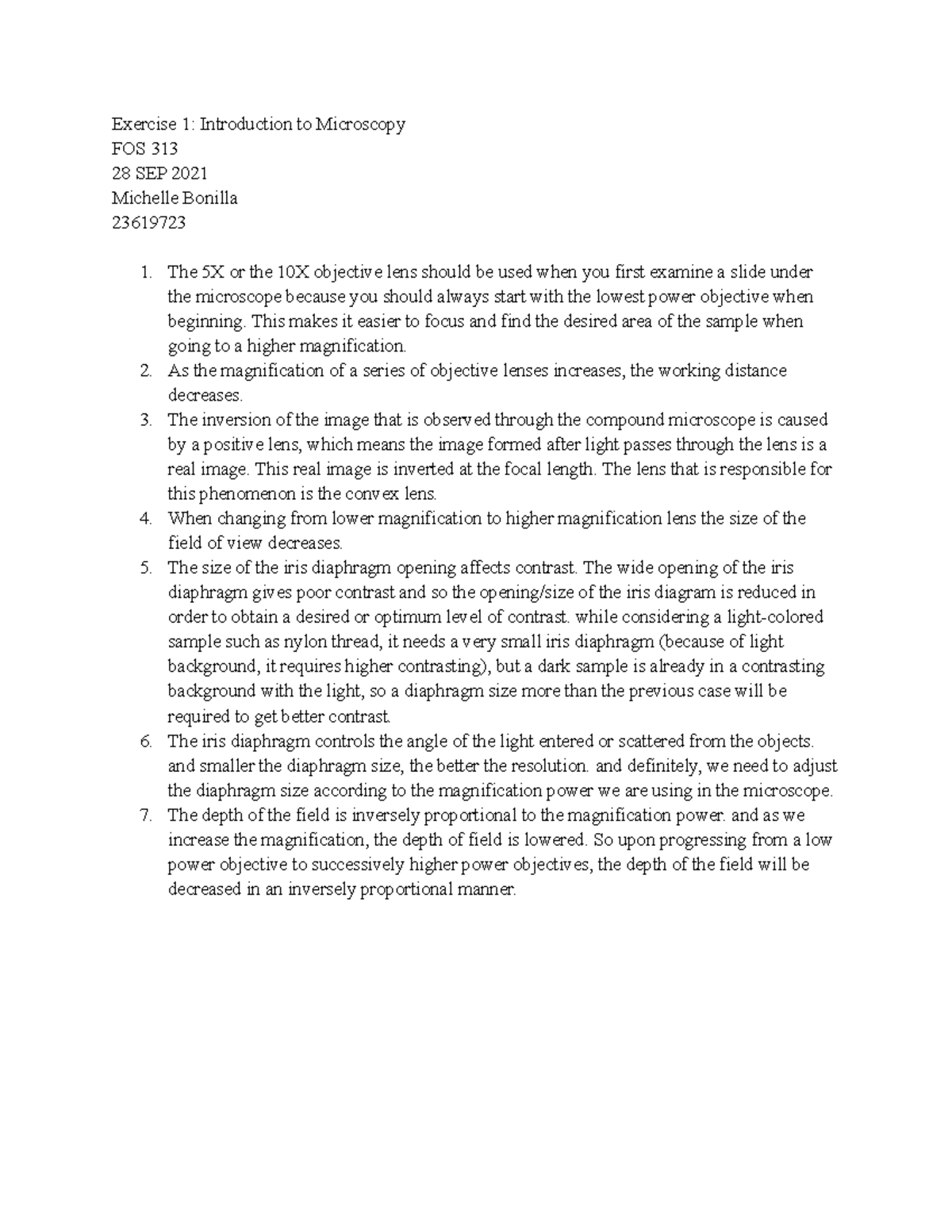 FOS 313 Exercise 1 Introduction to Microscopy - Exercise 1 ...