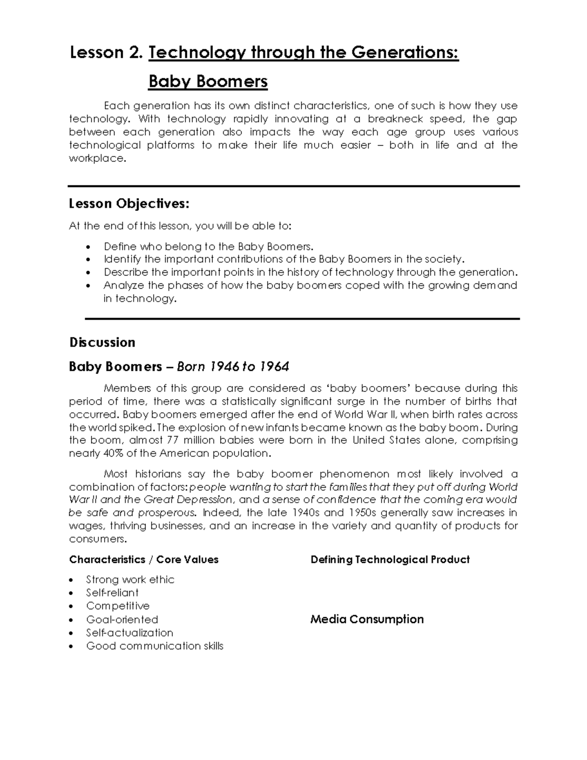 ITE Lesson 2 - Lesson 2. Technology through the Generations: Baby ...