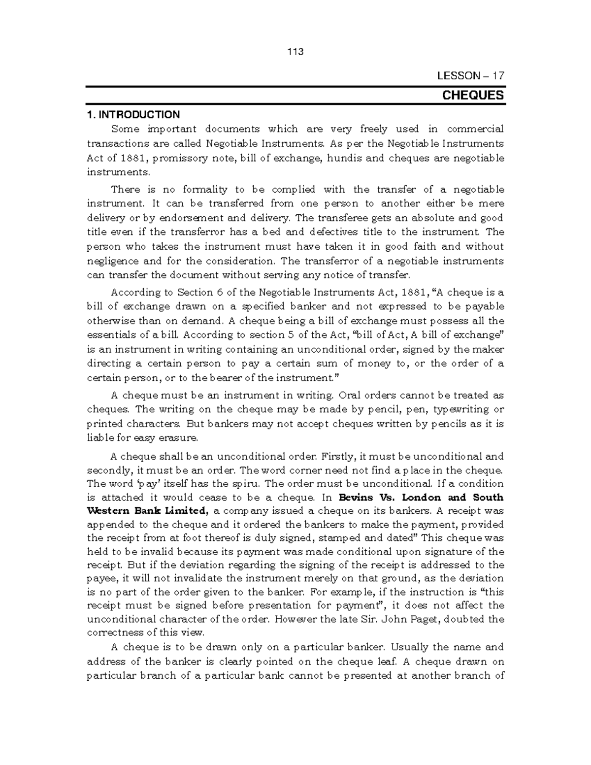 Cheques banking docx - LESSON – 17 CHEQUES 1. INTRODUCTION Some ...