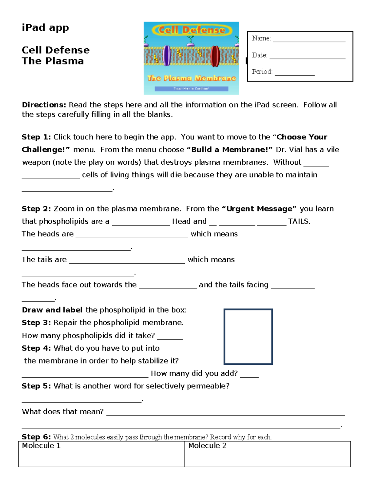 Cell defense worksheet -2 - iPad app Cell Defense The Plasma Membrane ...