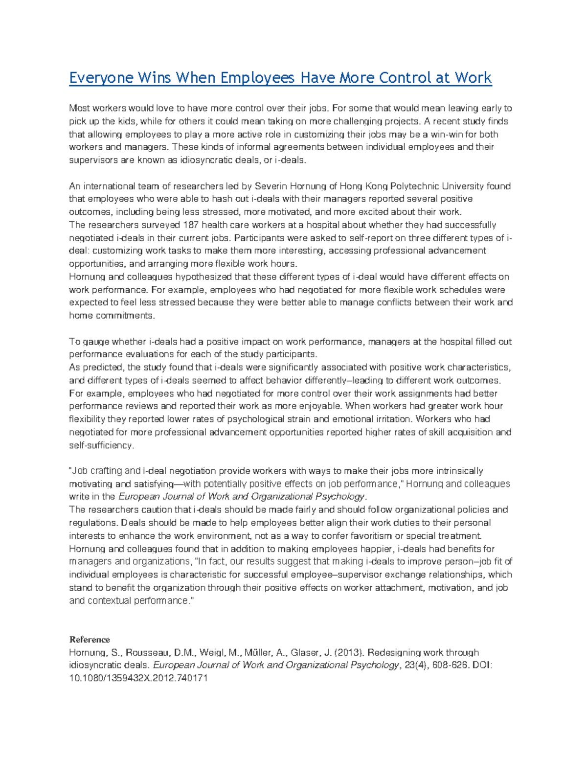 Everyone Wins When Employees Have More Control at Work 1 - For some ...