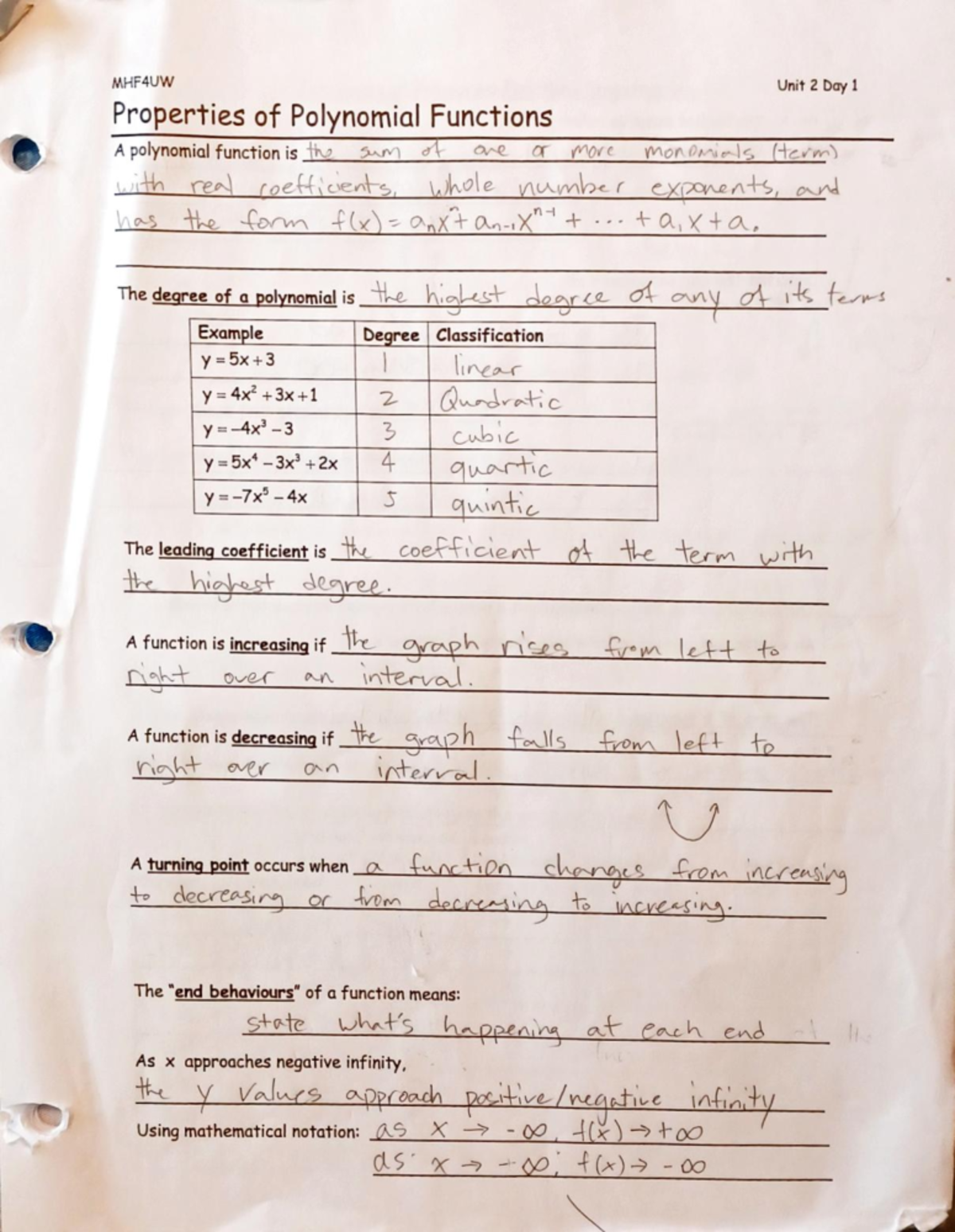 Unit 2 MHF4U - DUDe - MHF4UW Unit 2 Day 1 Properties of Polynomial ...