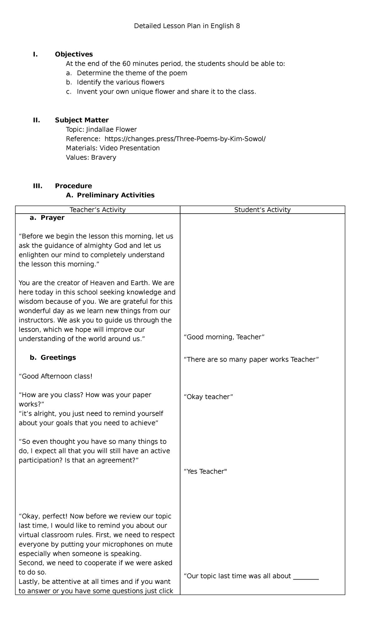 Santos Lesson PLAN Jindallae Flower updated - Detailed Lesson Plan in ...