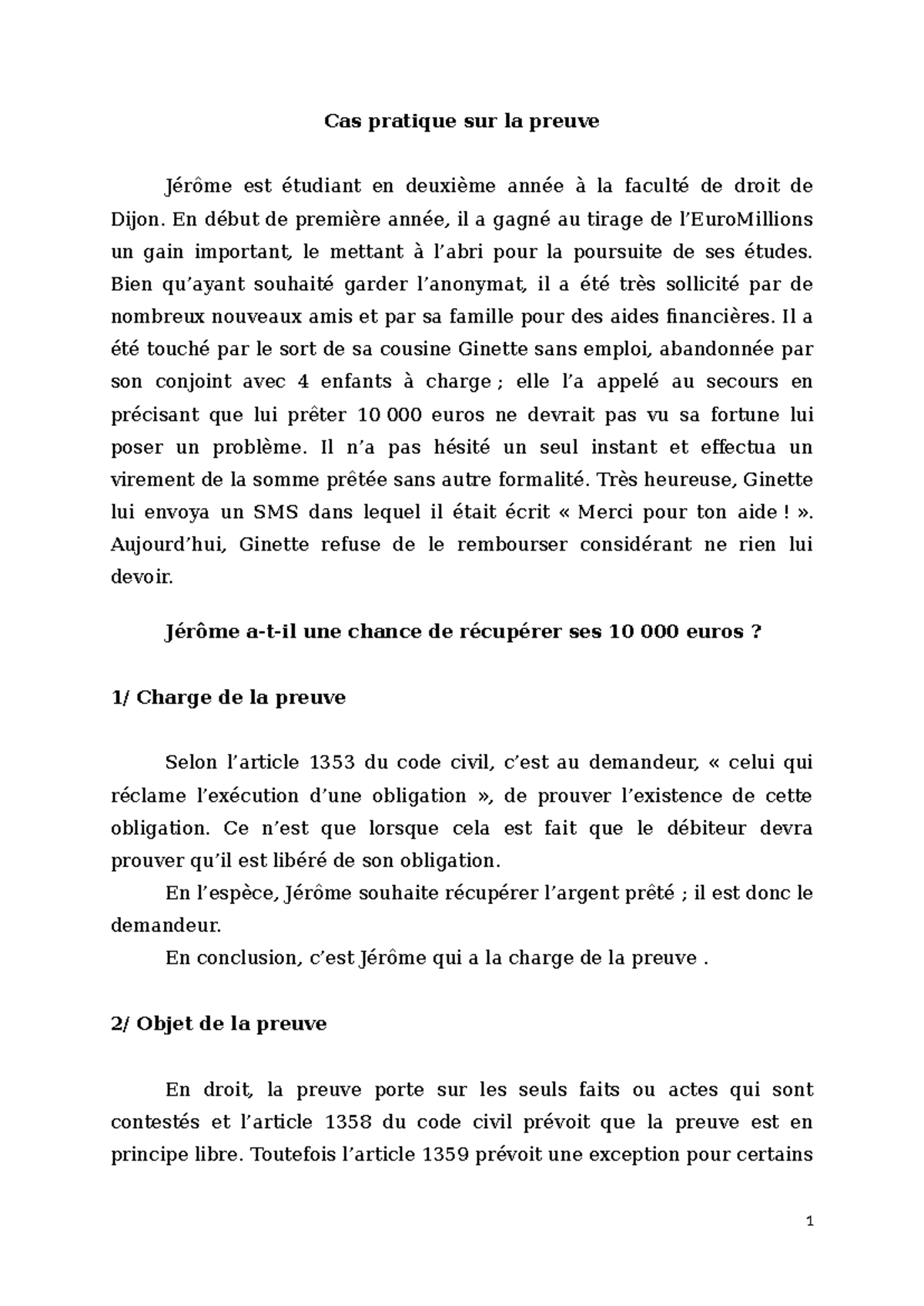 Cas pratique sur la preuve - Cas pratique sur la preuve Jérôme est ...