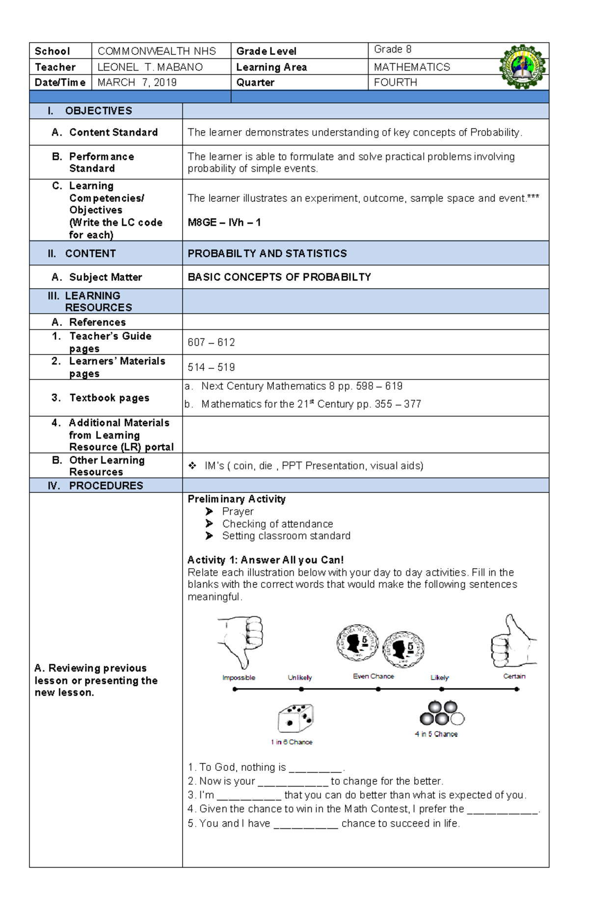 4Q DETAILED LESSON PLAN - School COMMONWEALTH NHS Grade Level Grade 8 ...