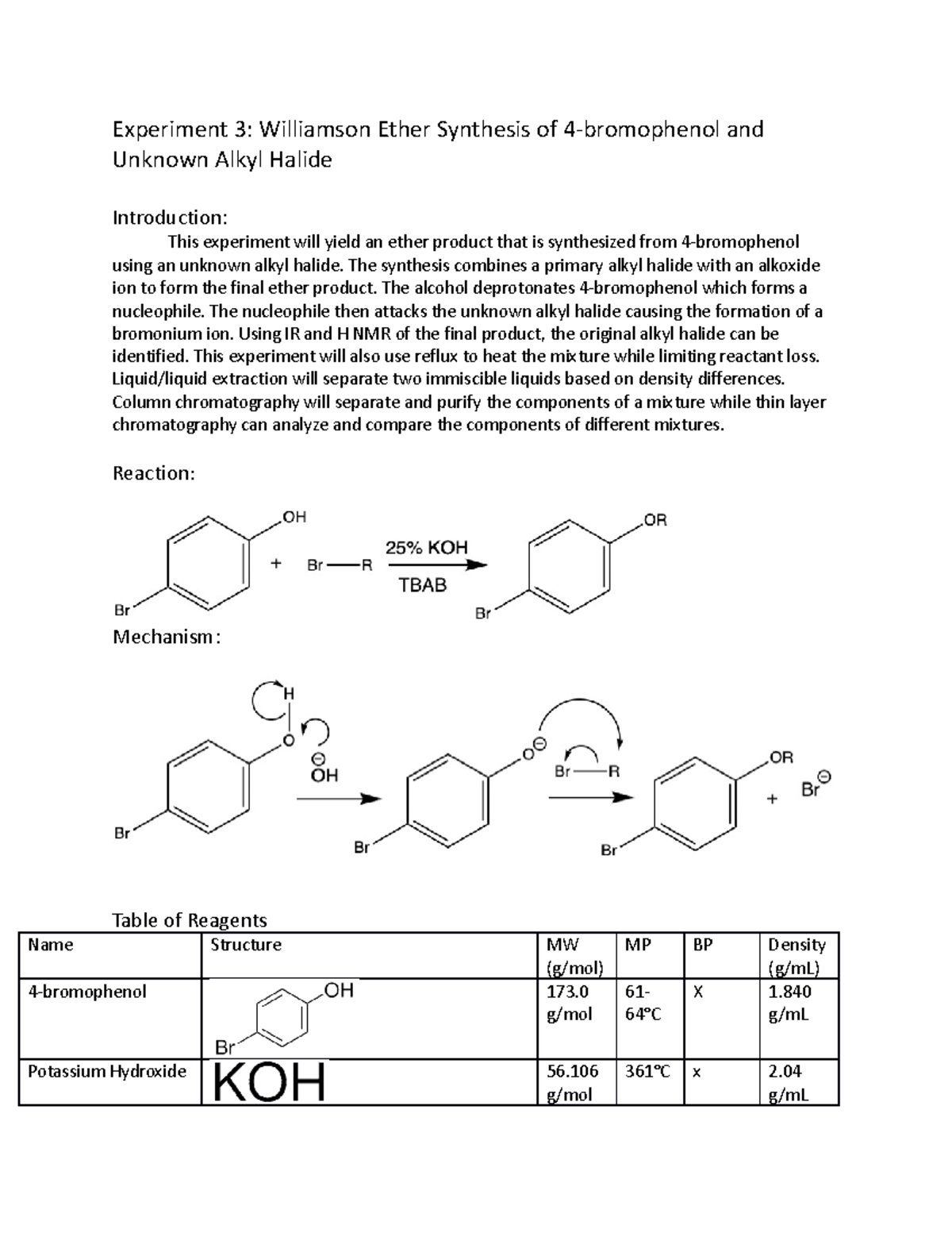 Experiment 3 - Ochem Lab 3 - Experiment 3: Williamson Ether Synthesis ...